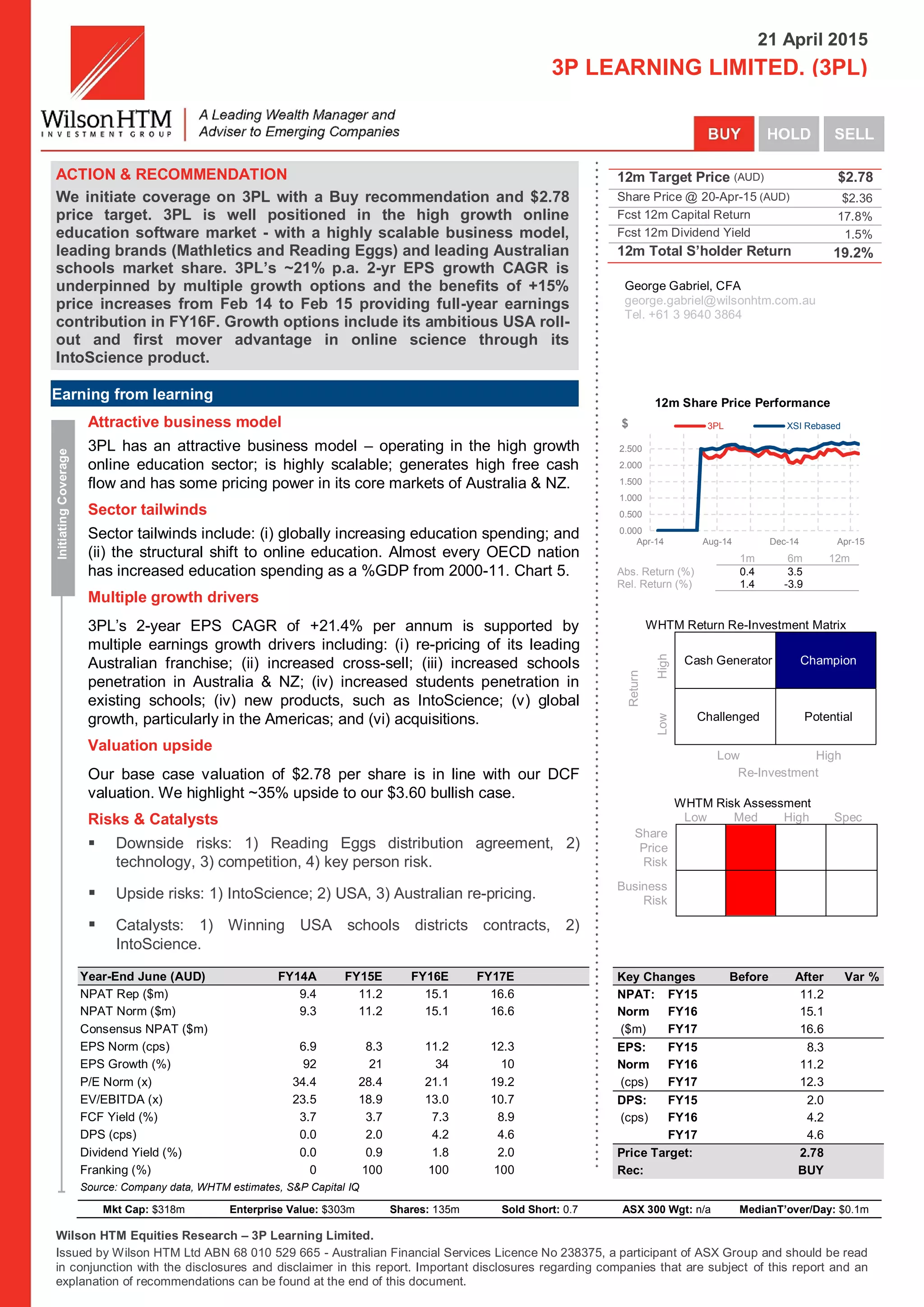 3P Learning (3PL) - Earning from Learning - equity research initiation report | PDF