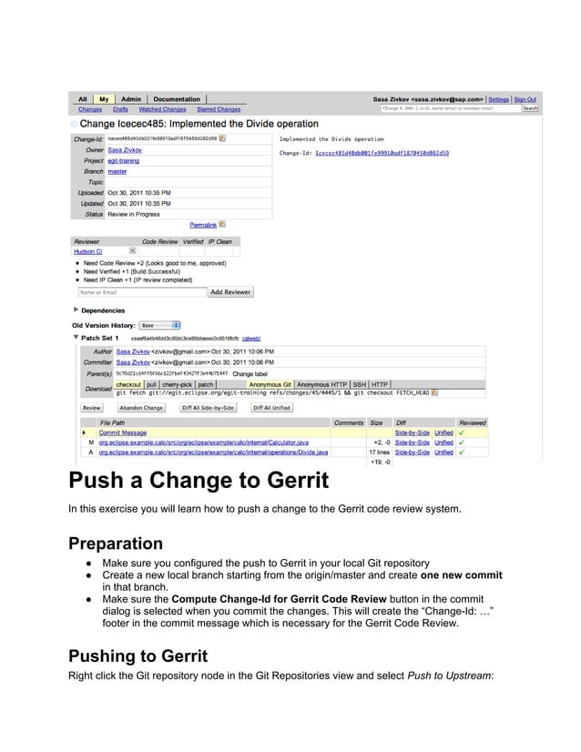Git Tutorial EclipseCon France 2014 - Gerrit Exercise 3 - push change to gerrit | PDF