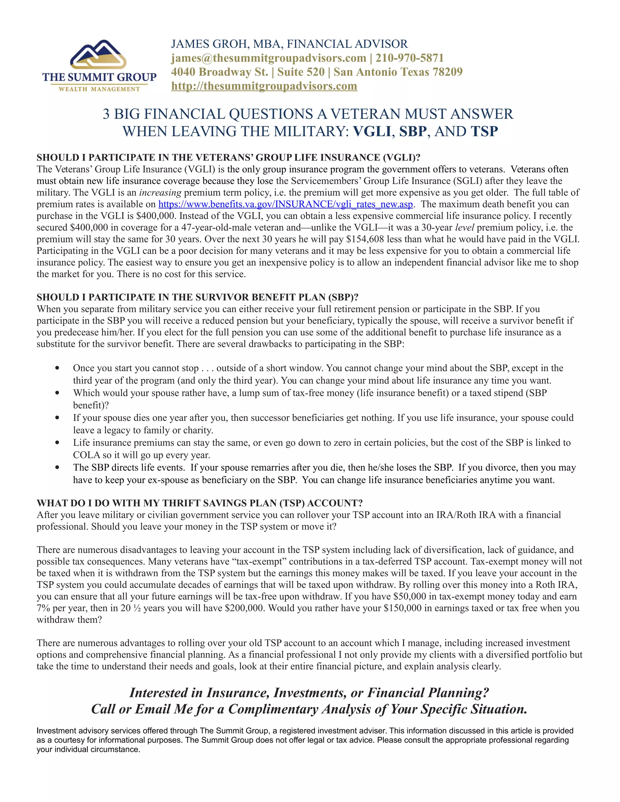 3 BIG FINANCIAL QUESTIONS A VETERAN MUST ANSWER WHEN LEAVING THE MILITARY: VGLI, SBP, AND TSP | PDF