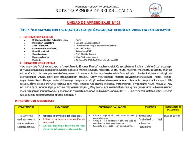 3RA UNIDAD de QUECHUA COLEGIO NUESTRA SEÑORA DE BELEN CALCA | PPT