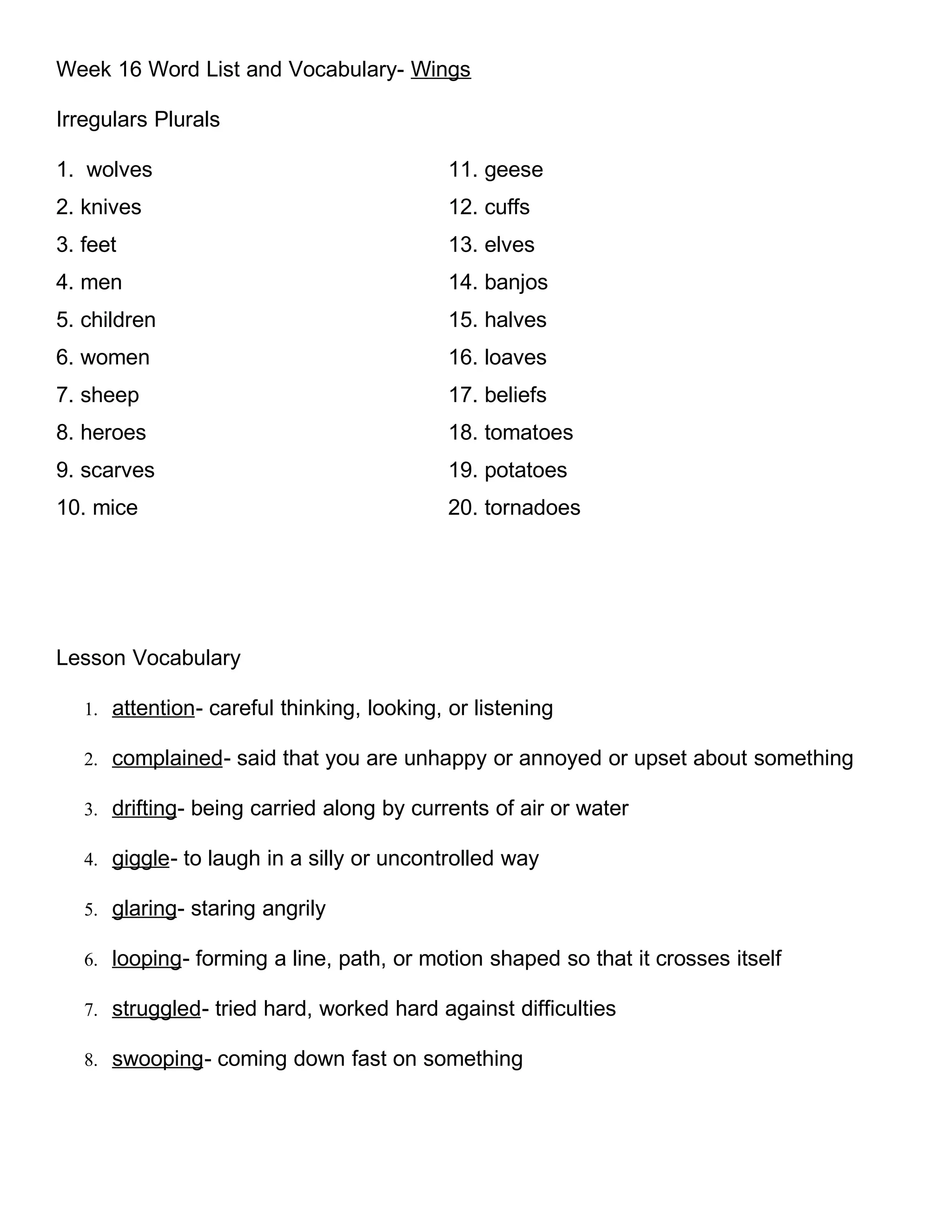 3rd Grade- Unit 4 Word Lists and Vocabulary | DOC