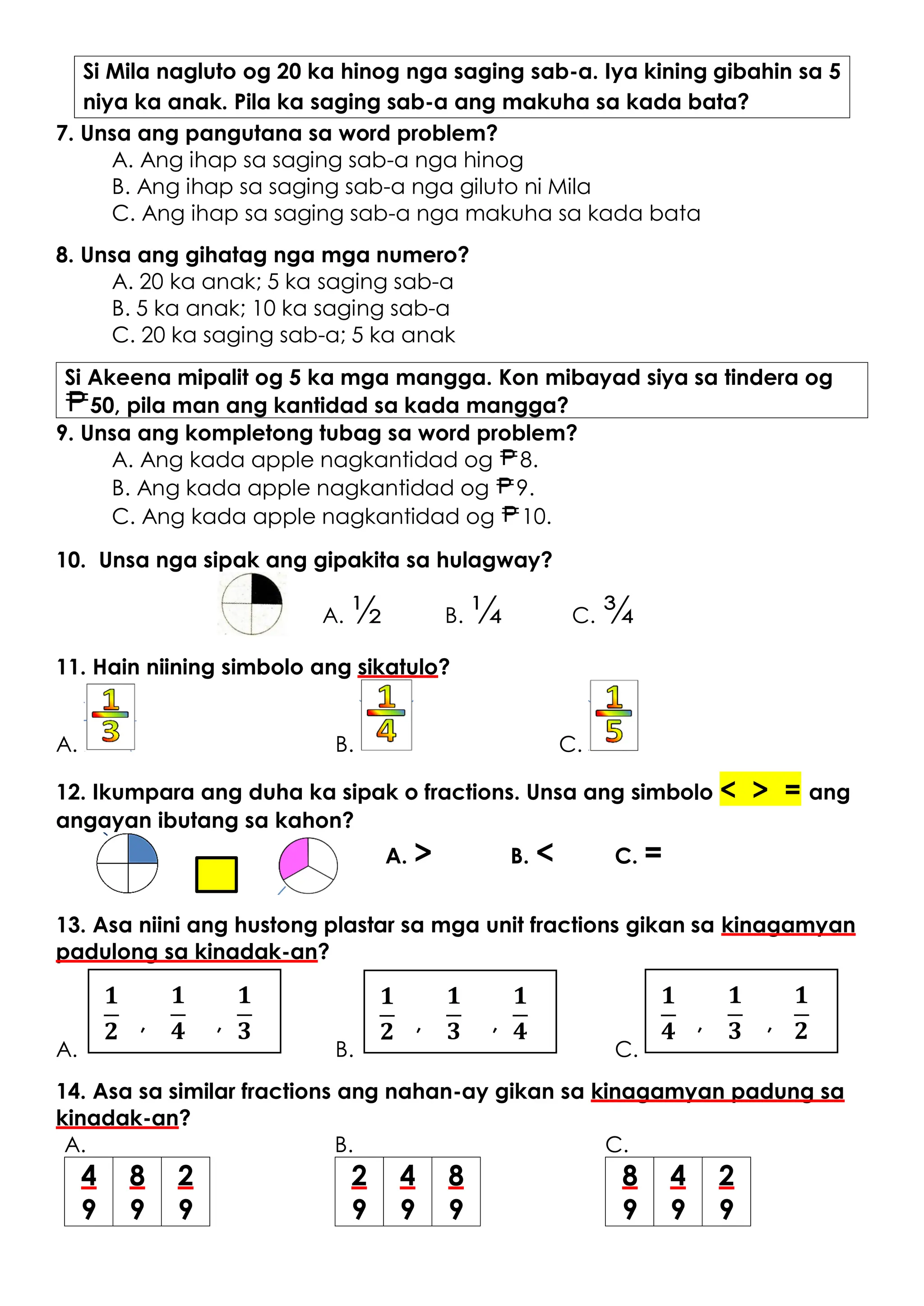 3rd periodical test for grade 2 mathematics 2 sinugbuanong binisaya | PDF