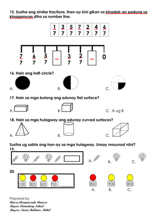 3rd periodical test for grade 2 mathematics 2 sinugbuanong binisaya | PDF