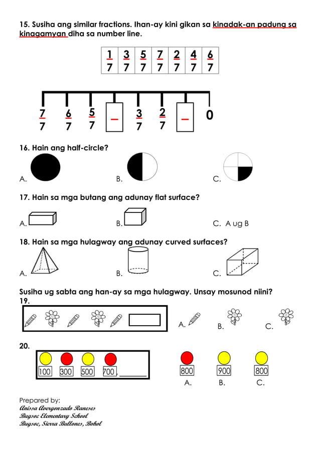 3rd periodical test for grade 2 mathematics 2 sinugbuanong binisaya | PDF