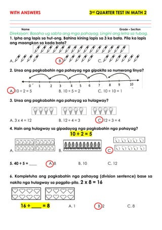3rd periodical test for grade 2 mathematics 2 sinugbuanong binisaya | PDF