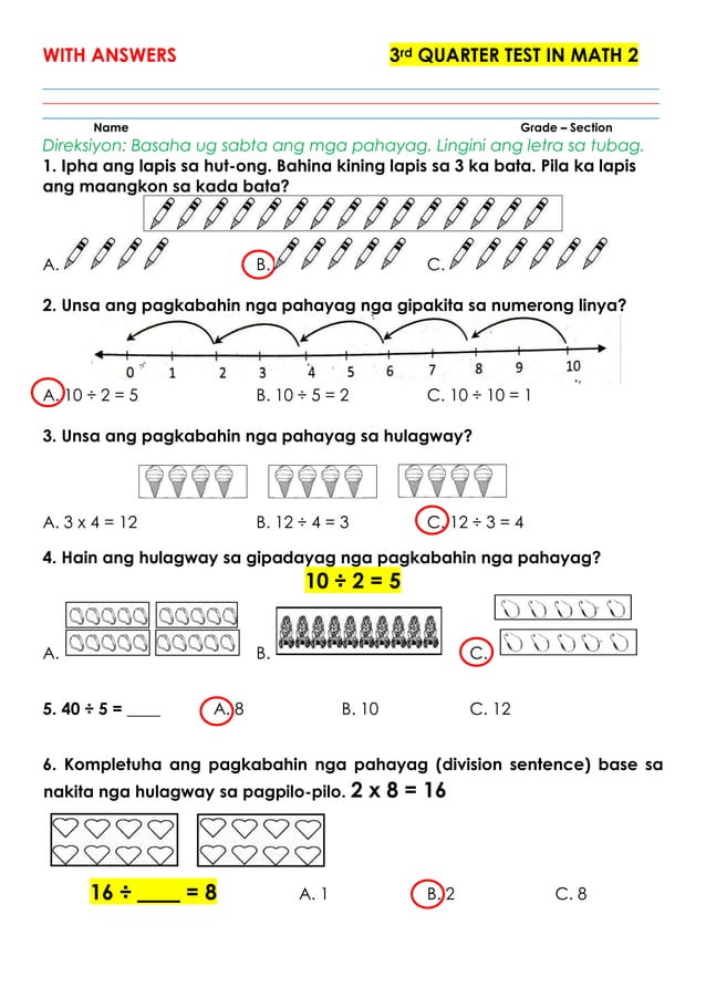 3rd periodical test for grade 2 mathematics 2 sinugbuanong binisaya | PDF