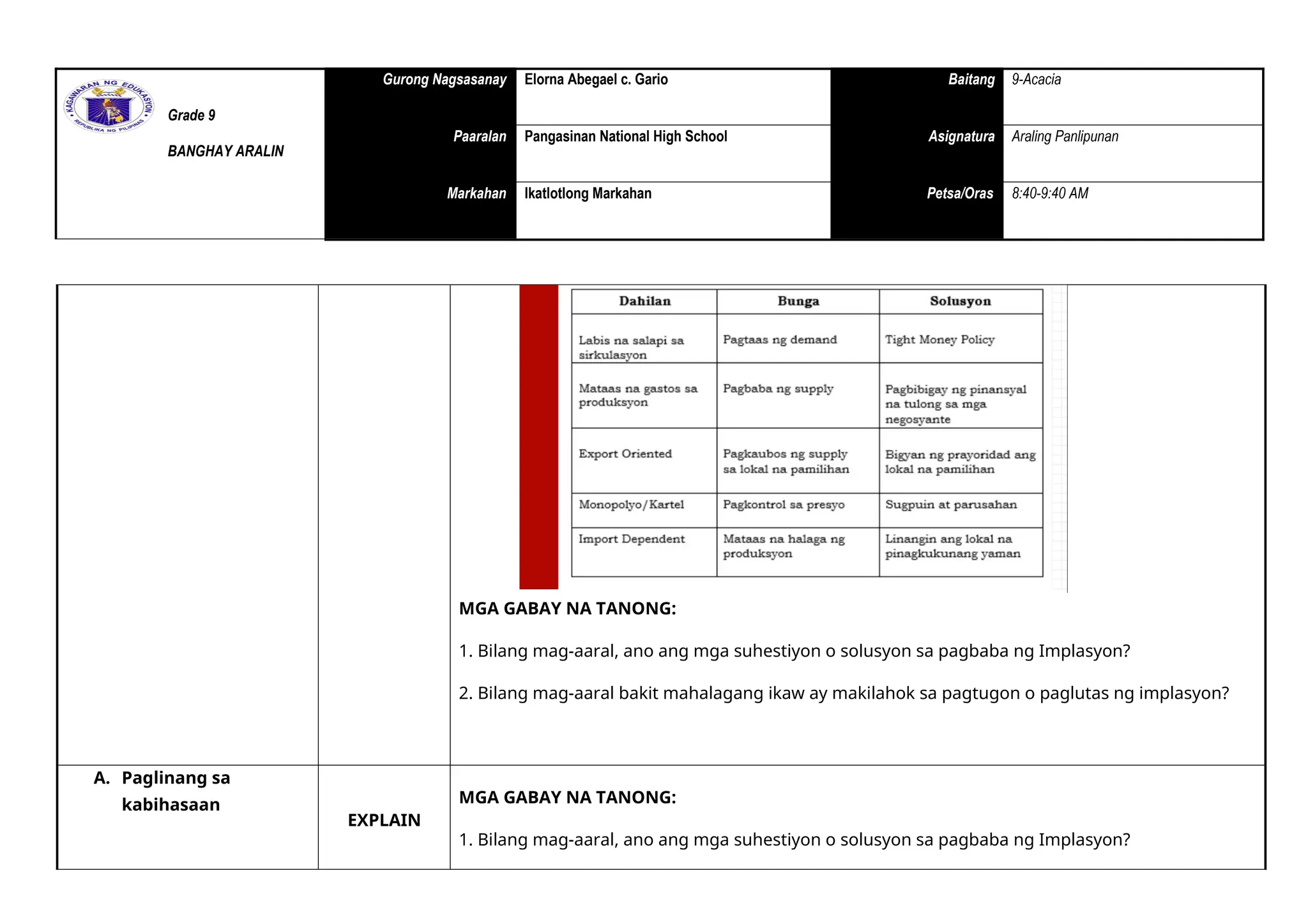 ANG IMPLASYON GRADE 9 SEMI-DETAILED LESSON PLAN | DOCX