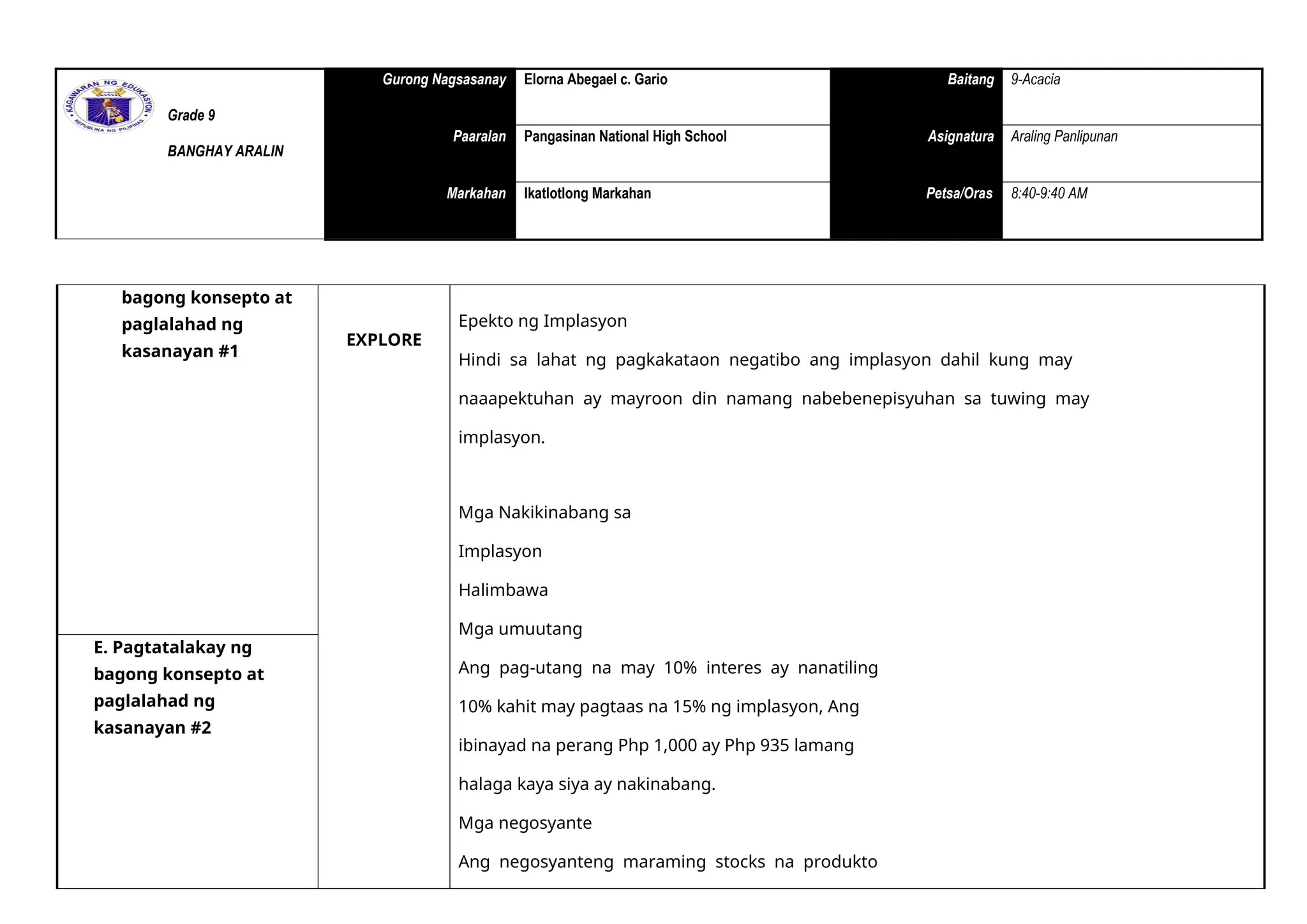 ANG IMPLASYON GRADE 9 SEMI-DETAILED LESSON PLAN | DOCX