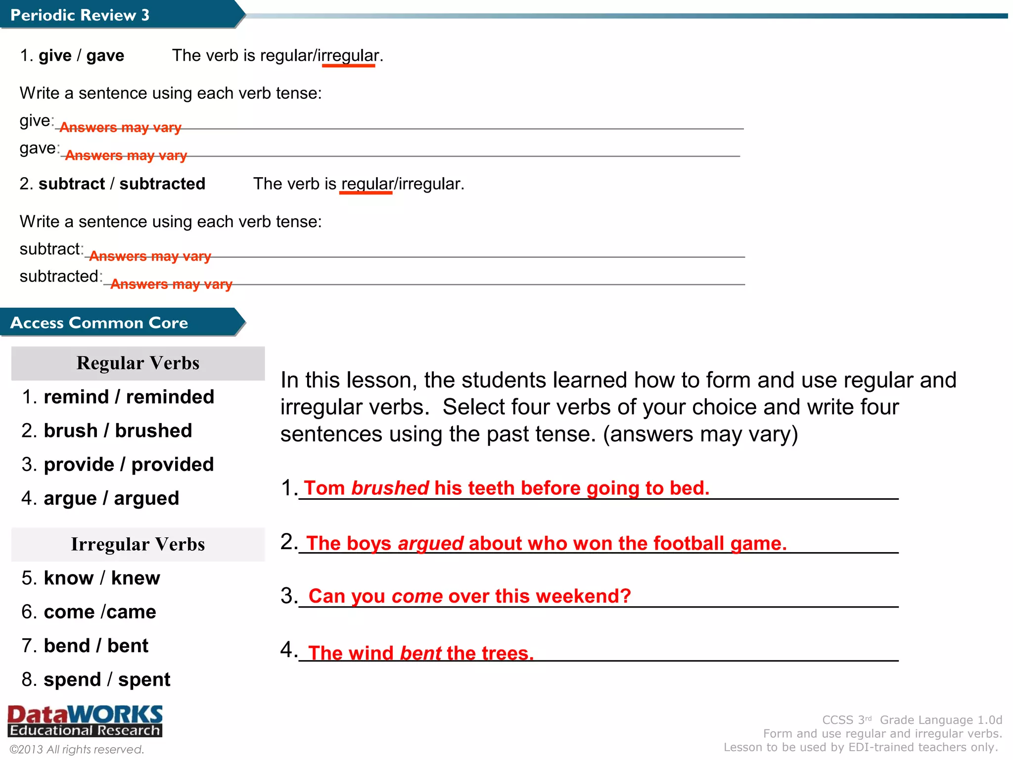 3rd ela l_1.0d_form_use_reg_irreg_verbs_dw_ccss | PPT