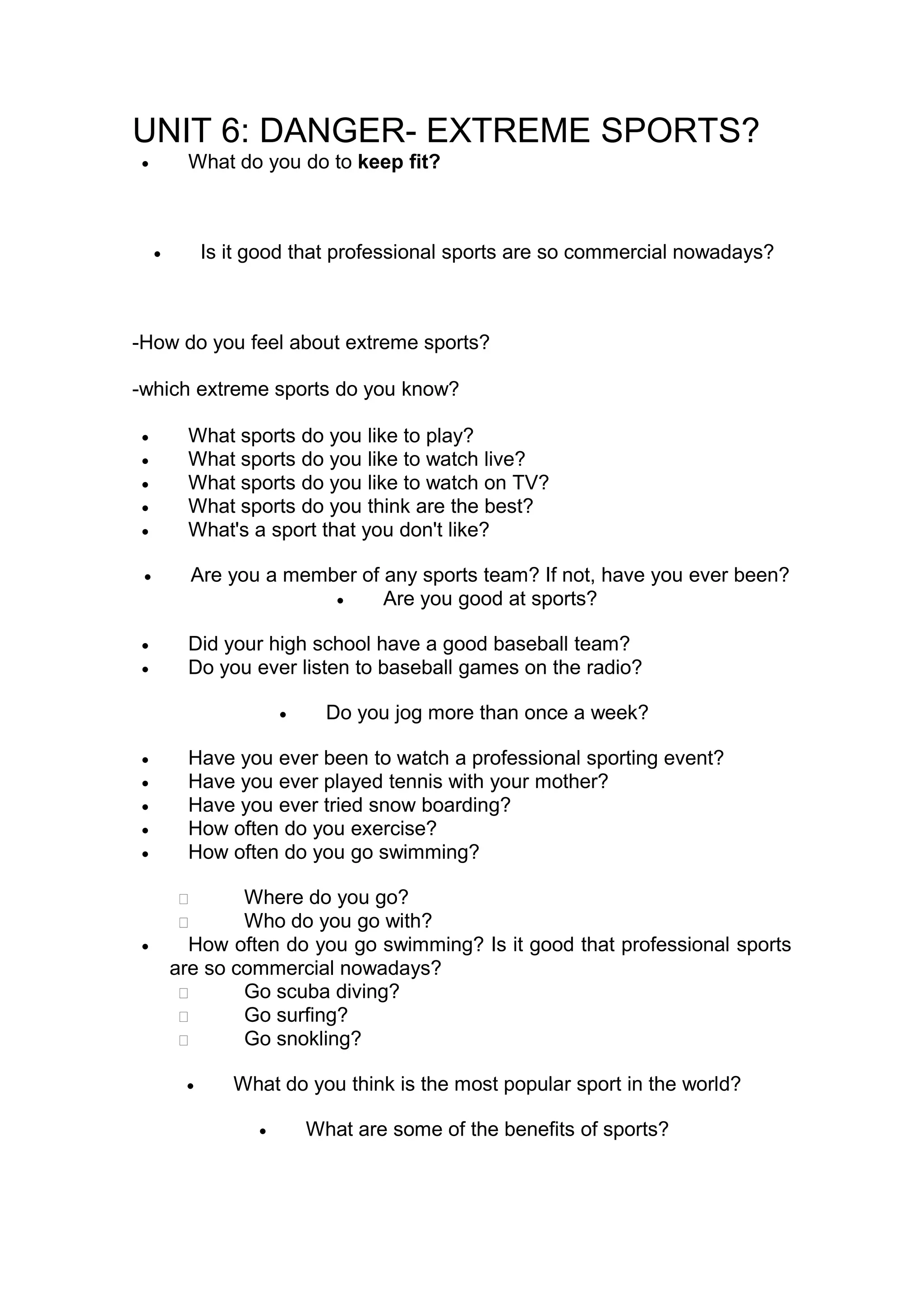 3rd eso extreme sports questions | DOC