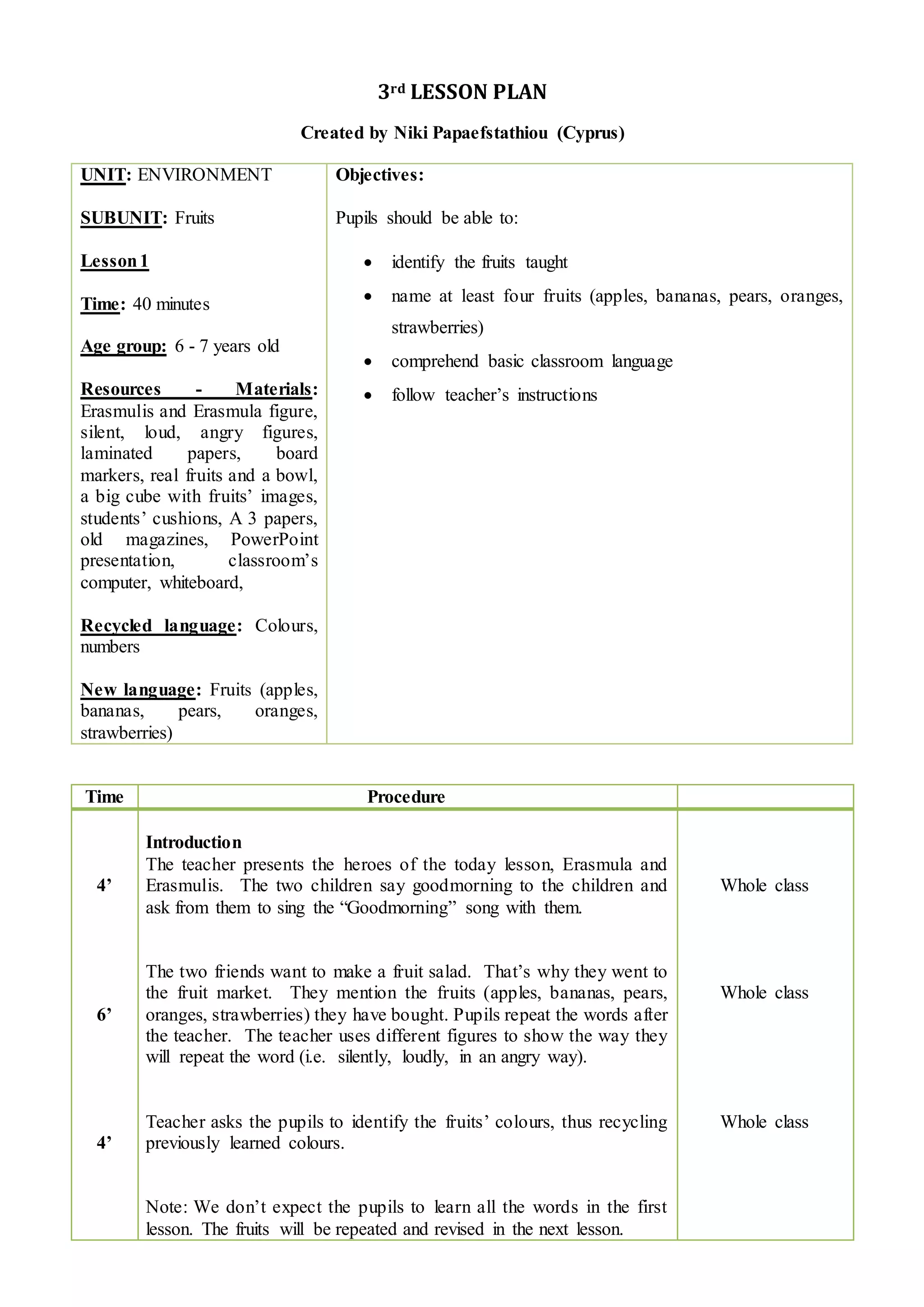 3rd lesson plan fruits niki papaeftsthiou | DOCX