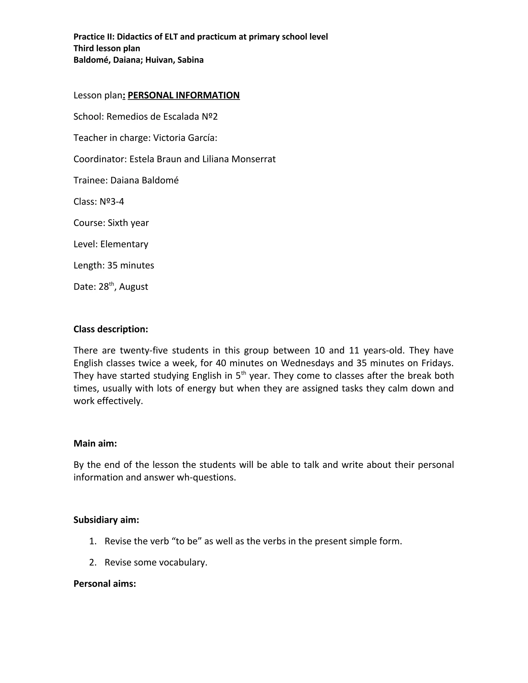 3rd lesson plan personal information | DOC