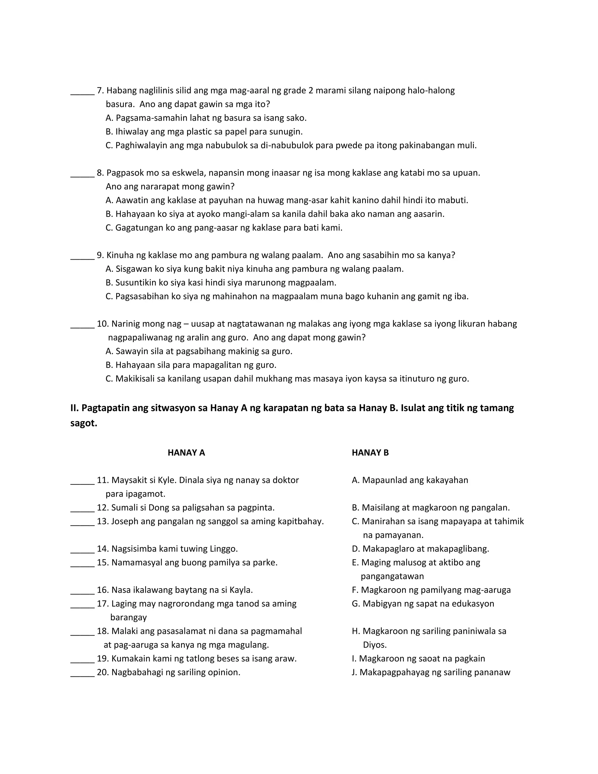 K to 12 Edukasyon sa Pagpapakatao Grade 2 (3rd Periodical Exam) | PDF