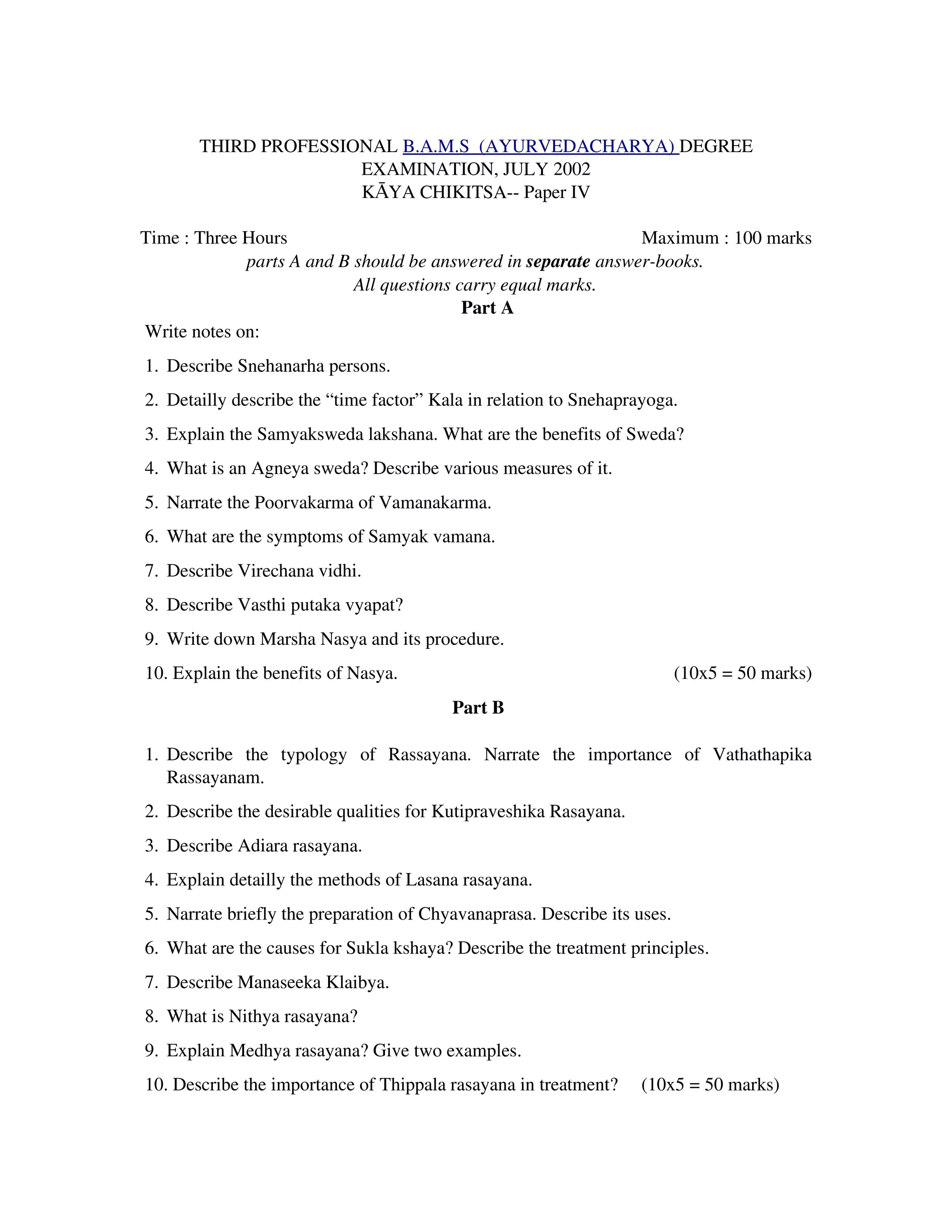 3rd prof bams model question papers 2002 | PDF
