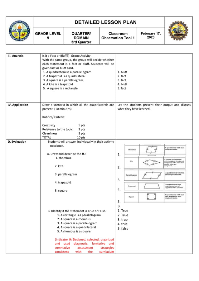 Lesson Plan for Quadrilateral.docx | Educational Assessment | Education