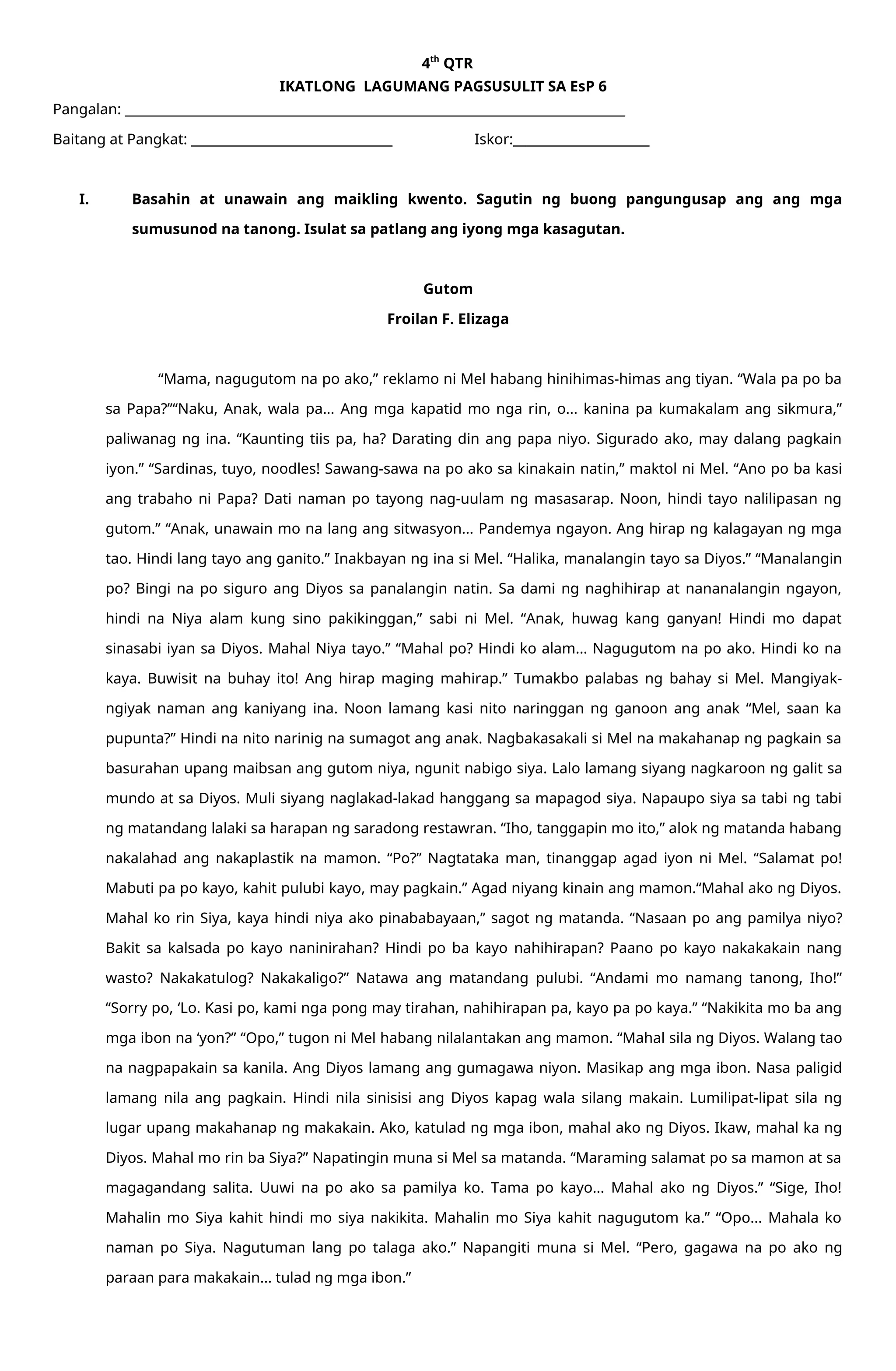 3rd SUMMATIVE-EsP-QTR 4 (2).docx- Summativein Edukasyon sa Pagpapakatao - Grade 6 | DOCX