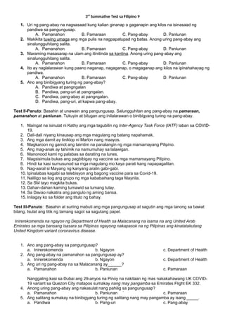 3rd Summative Test sa Grade 9 Filipino subject | DOCX