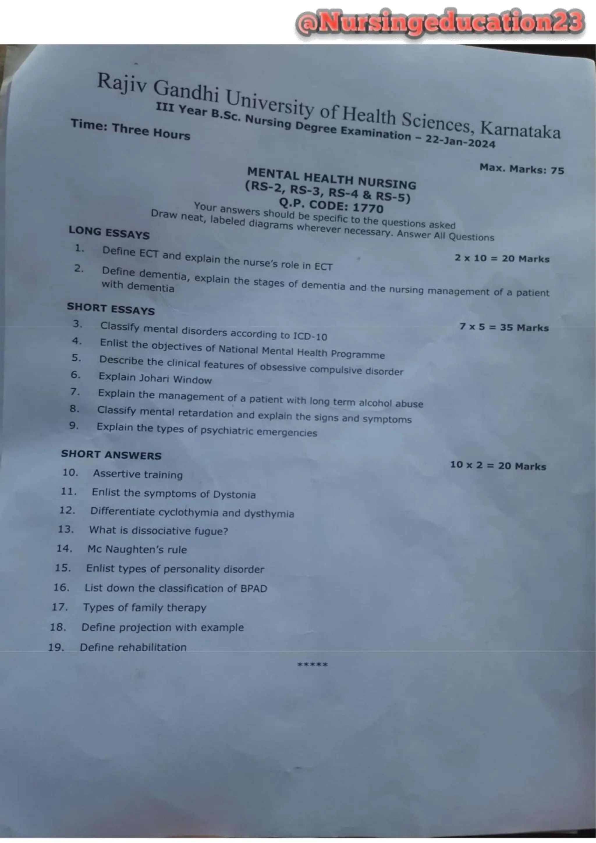 3RD Year B.sc nursing all subject Question paper 2k24 january annual ...