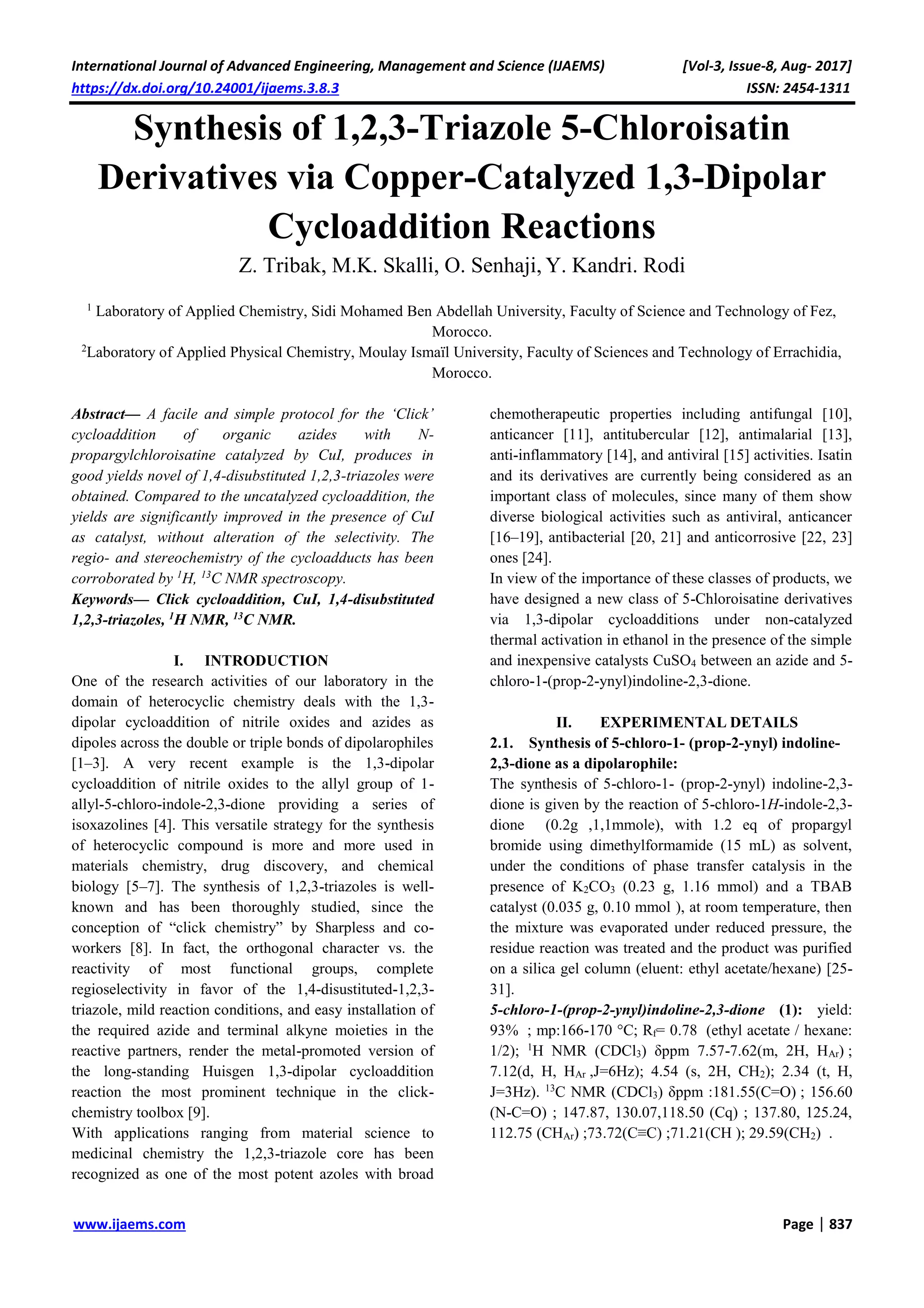 Synthesis of 1,2,3-Triazole 5-Chloroisatin Derivatives via Copper-Catalyzed 1,3-Dipolar ...