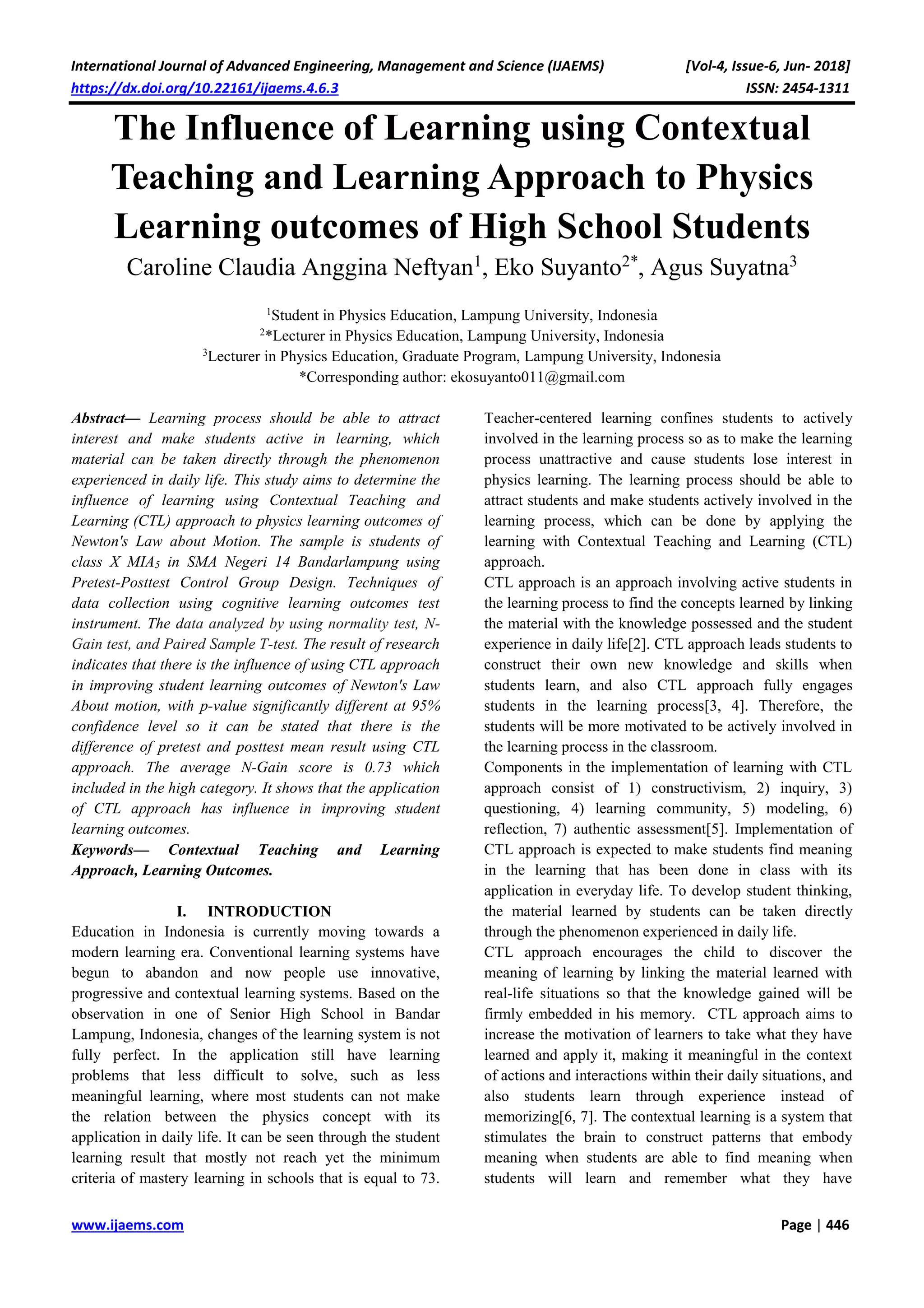 The Influence of Learning using Contextual Teaching and Learning Approach to Physics Learning ...
