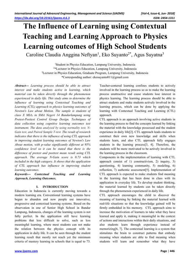 The Influence of Learning using Contextual Teaching and Learning Approach to Physics Learning ...