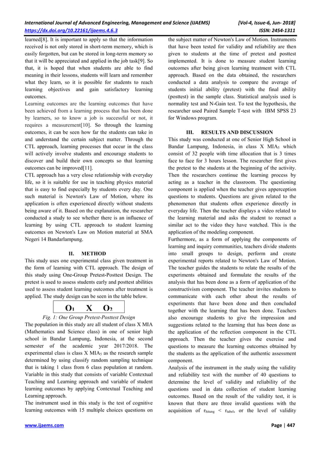 The Influence of Learning using Contextual Teaching and Learning Approach to Physics Learning ...