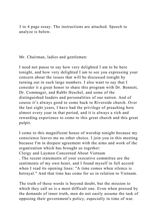 3 to 4 page essay. The instructions are attached. Speech to analyze | PDF