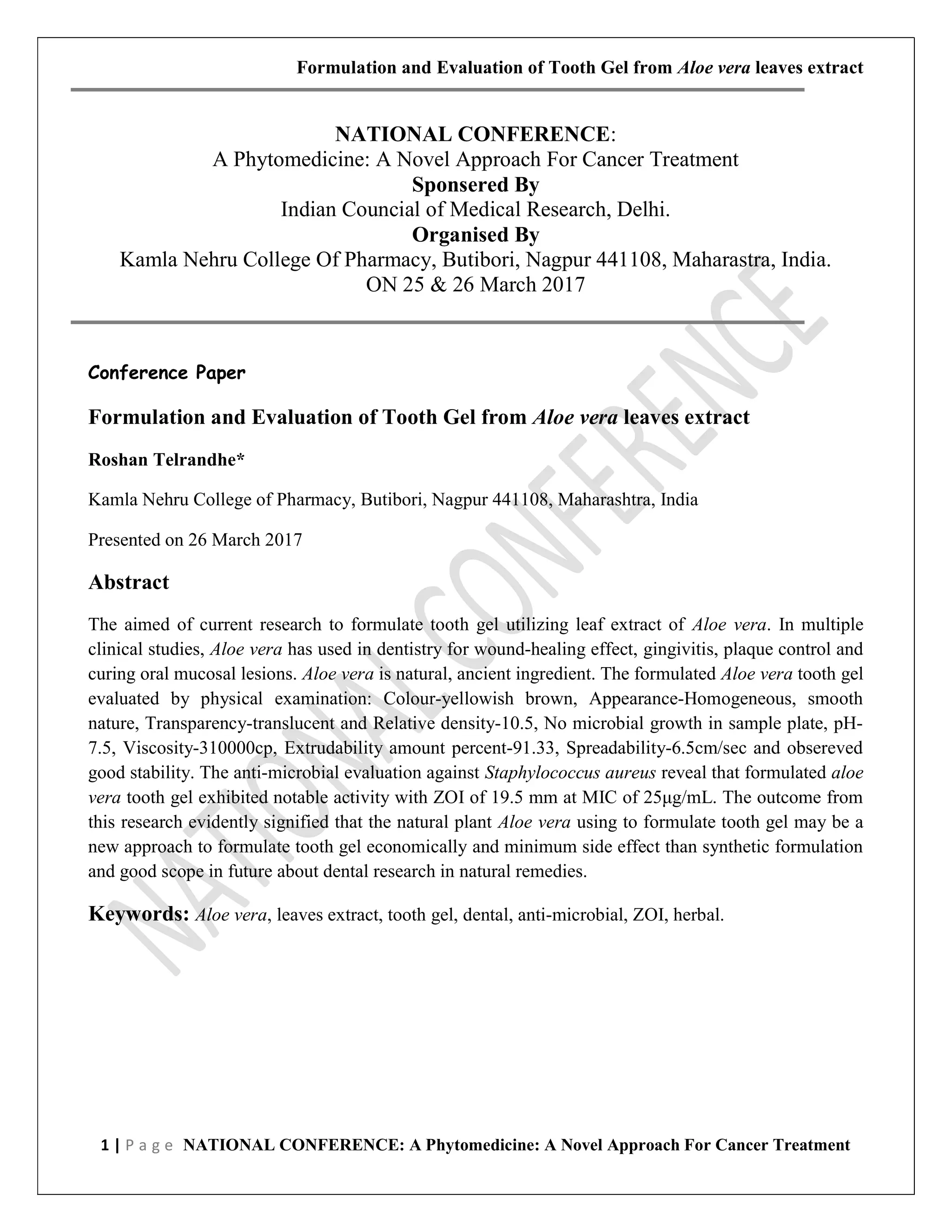 Formulation And Evaluation Of Tooth Gel From Aloe Vera Leaves Extract Pdf