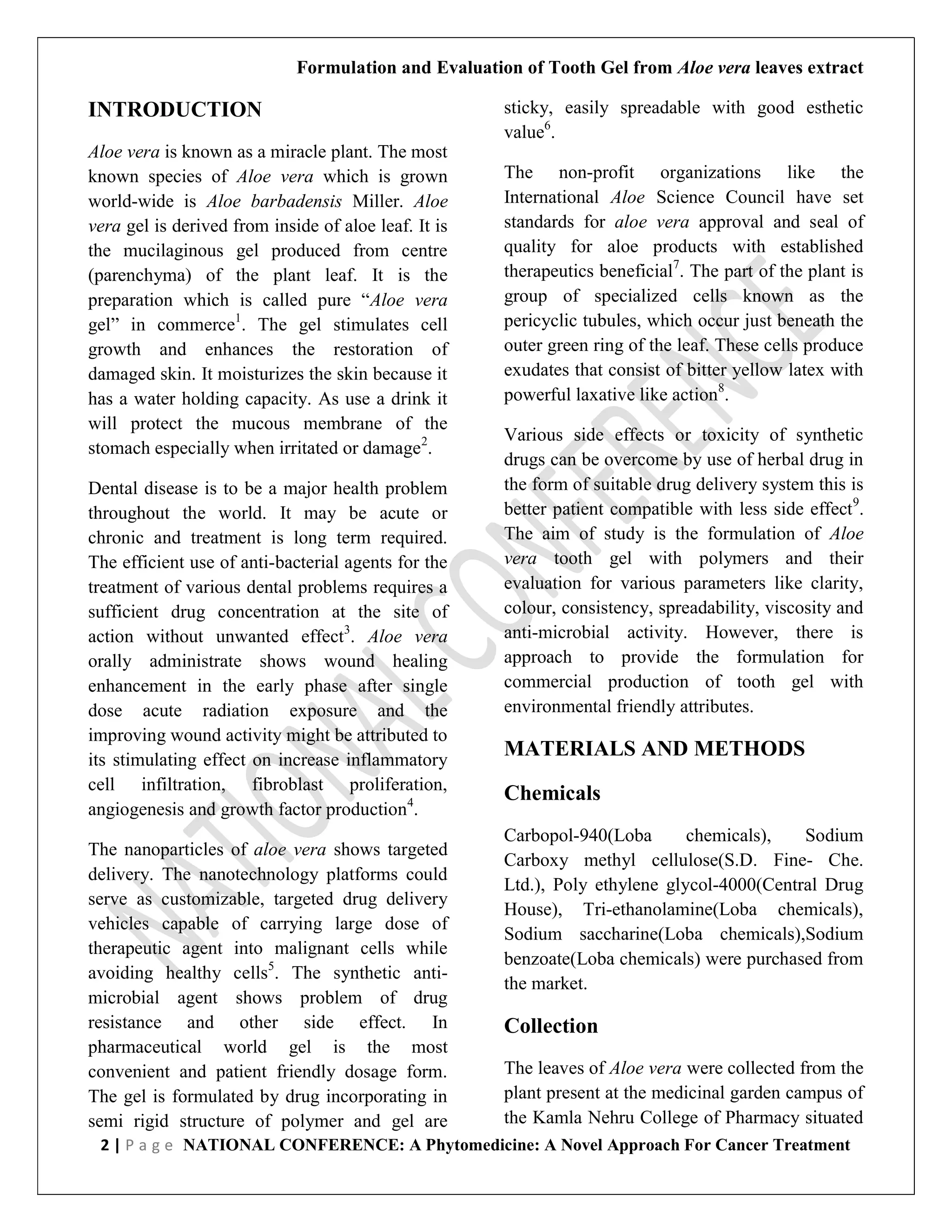 Formulation And Evaluation Of Tooth Gel From Aloe Vera Leaves Extract Pdf