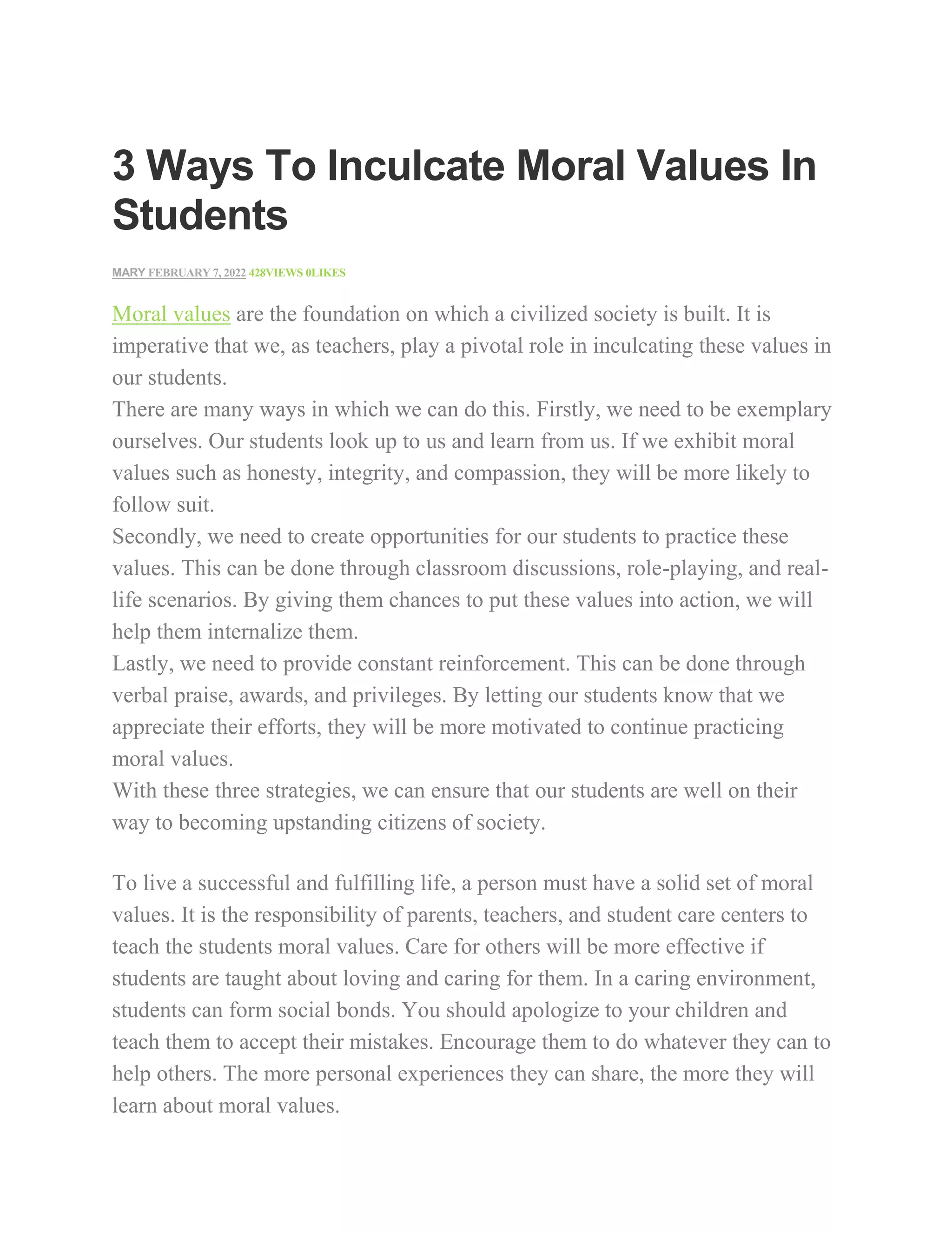 3 Ways To Inculcate Moral Values In Students.docx | Parenting Children ...