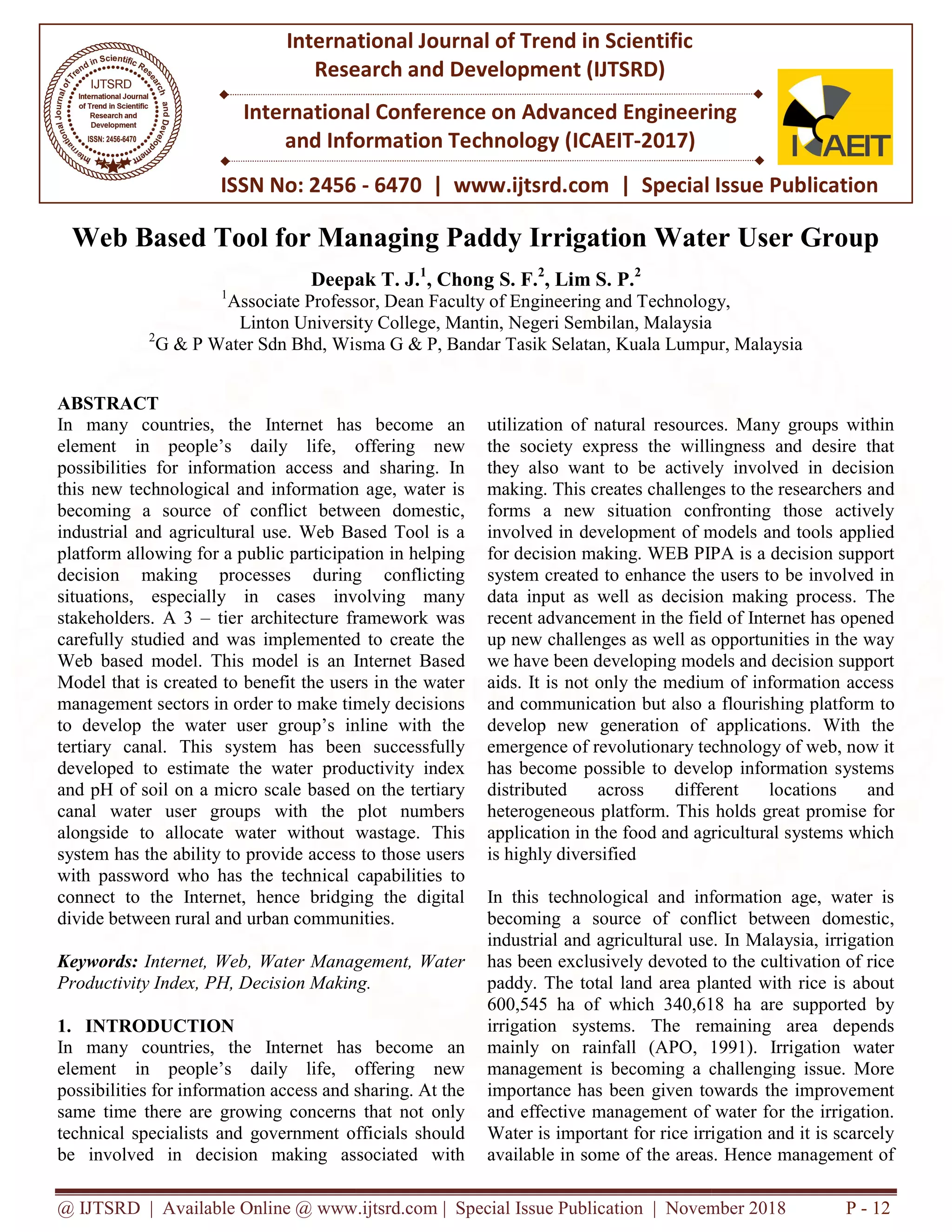 Web Based Tool for Managing Paddy Irrigation Water User Group | PDF