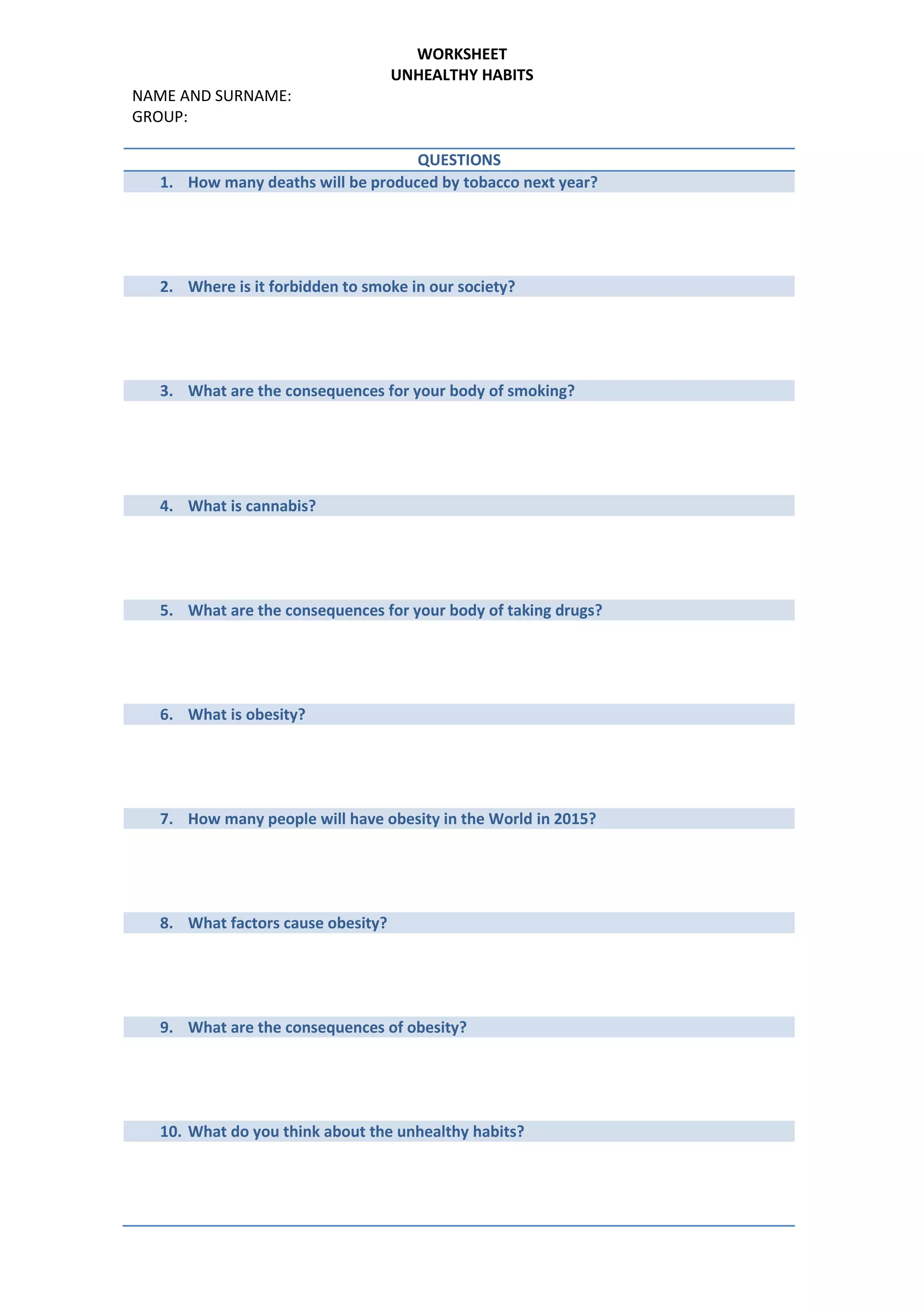 3 worksheet unhealthy habits