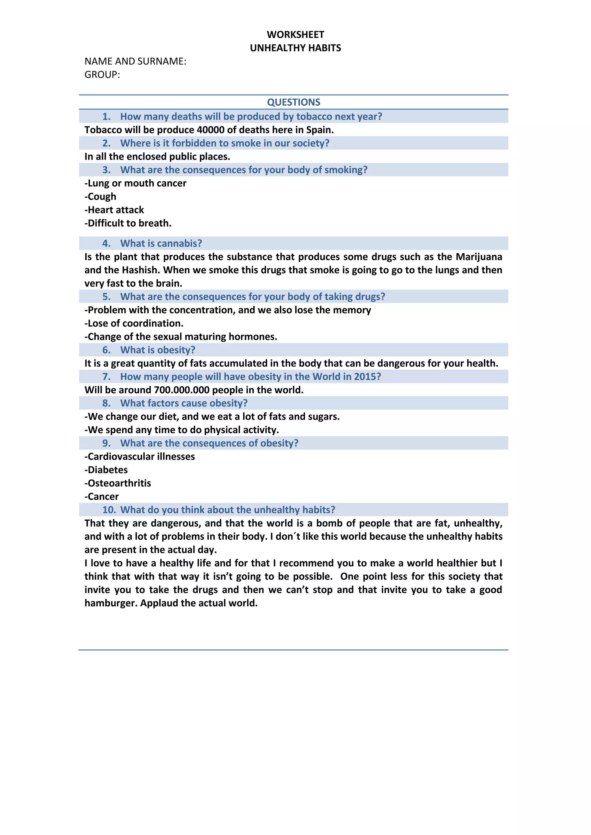 3 worksheet unhealthy habits | DOCX