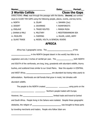 3 Worlds Collide CLOZE the Gaps | PDF