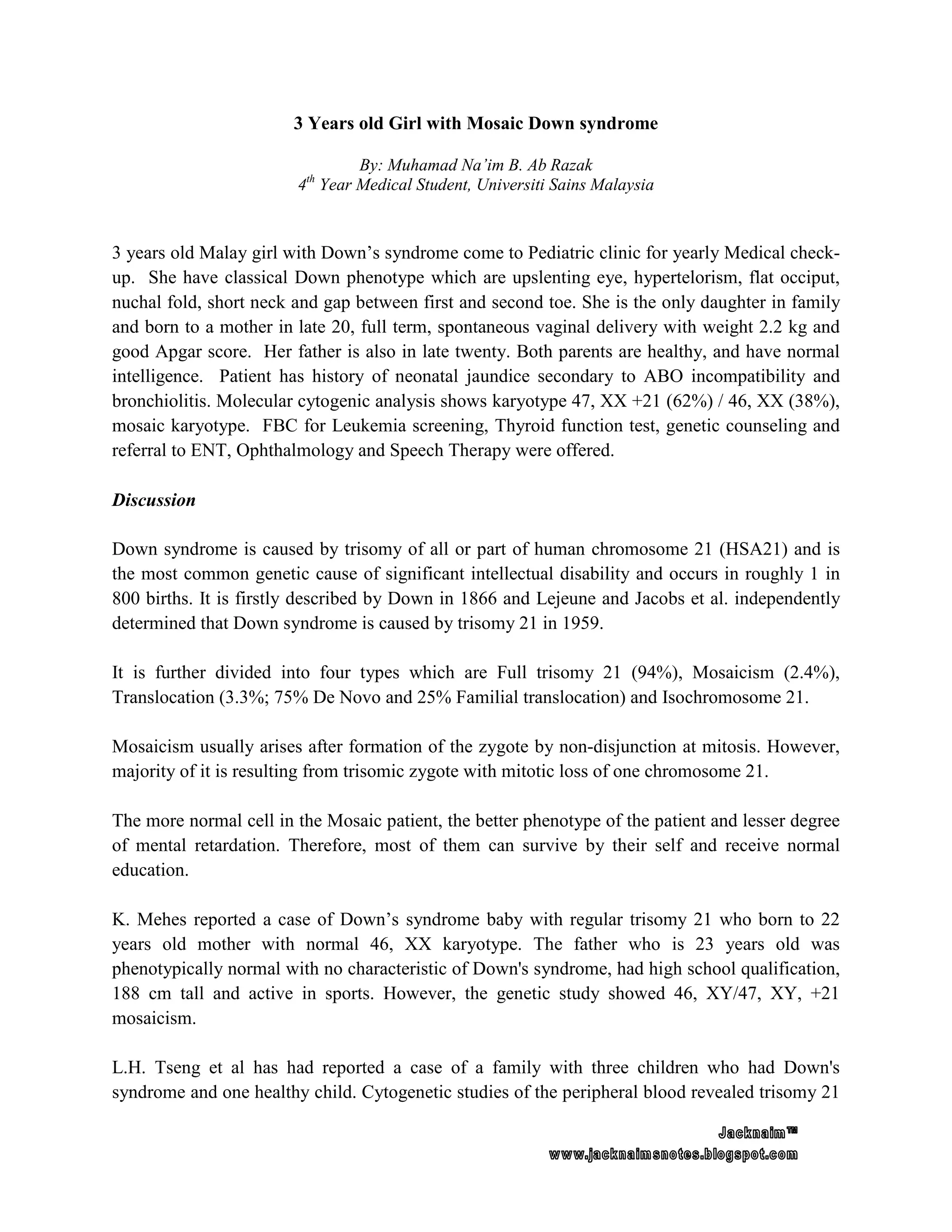 3 Years Old Girl With Mosaic Down Syndrome | PDF