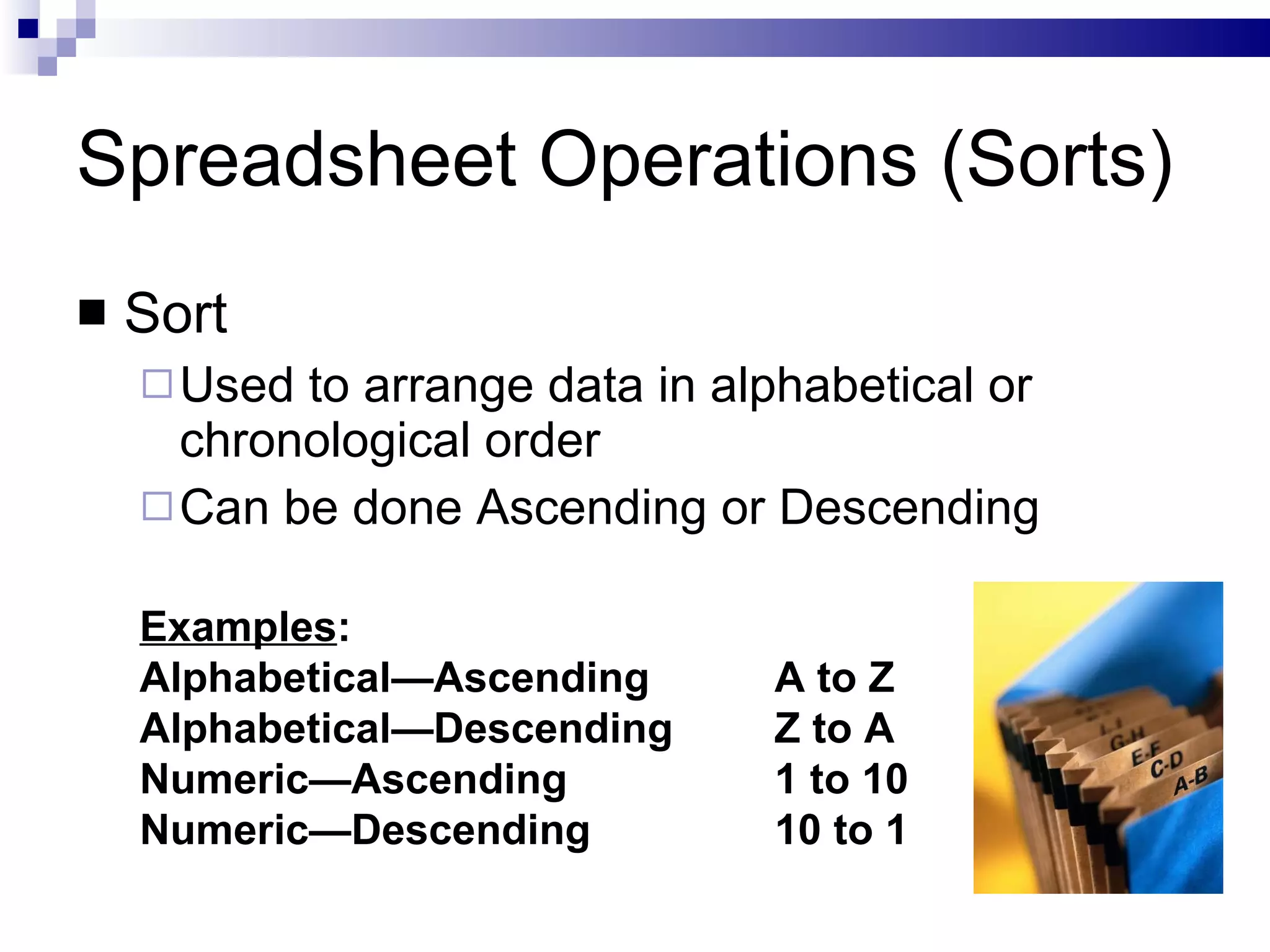 spreedsheet operation | PPT | Computing | Technology & Computing