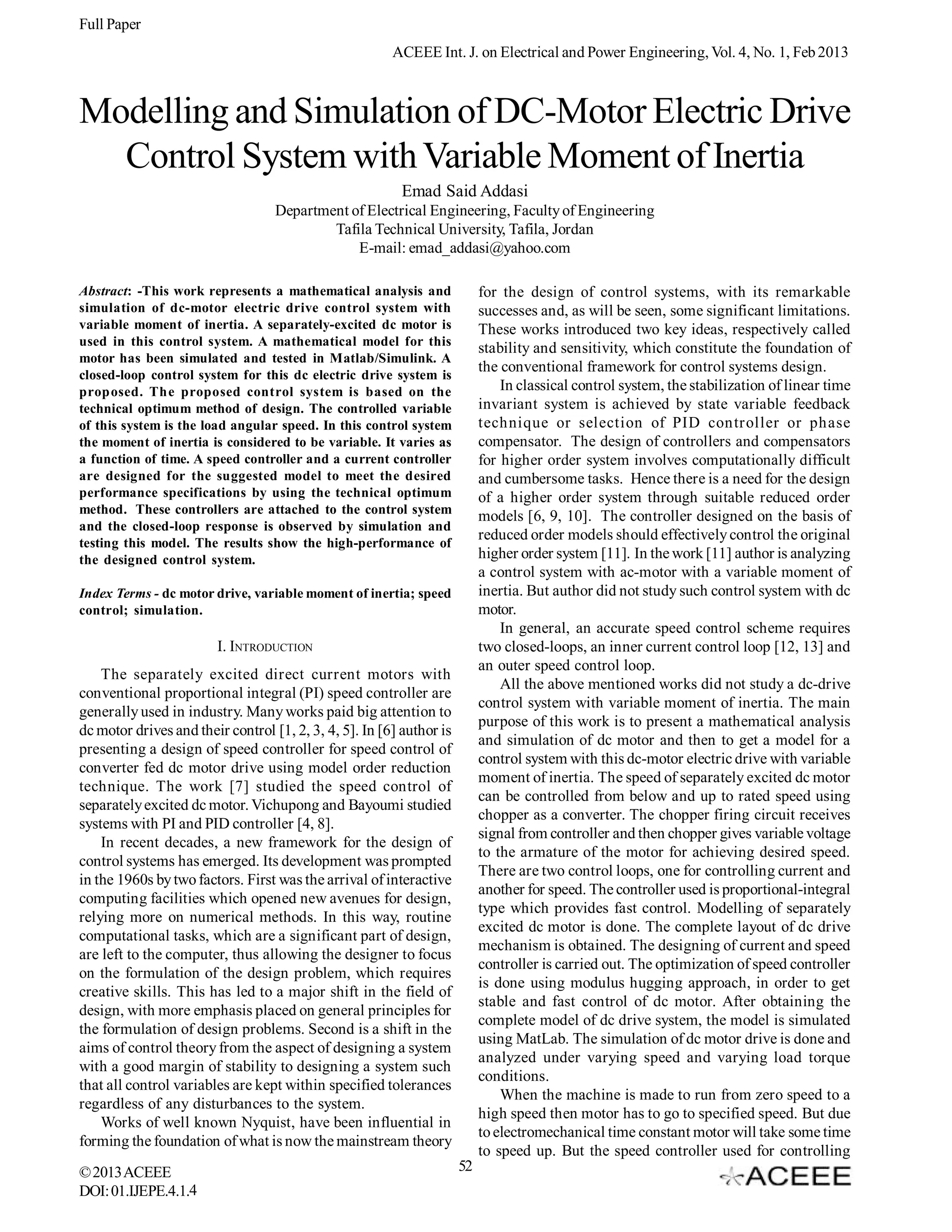 Modelling and Simulation of DC-Motor Electric Drive Control System with Variable Moment of ...
