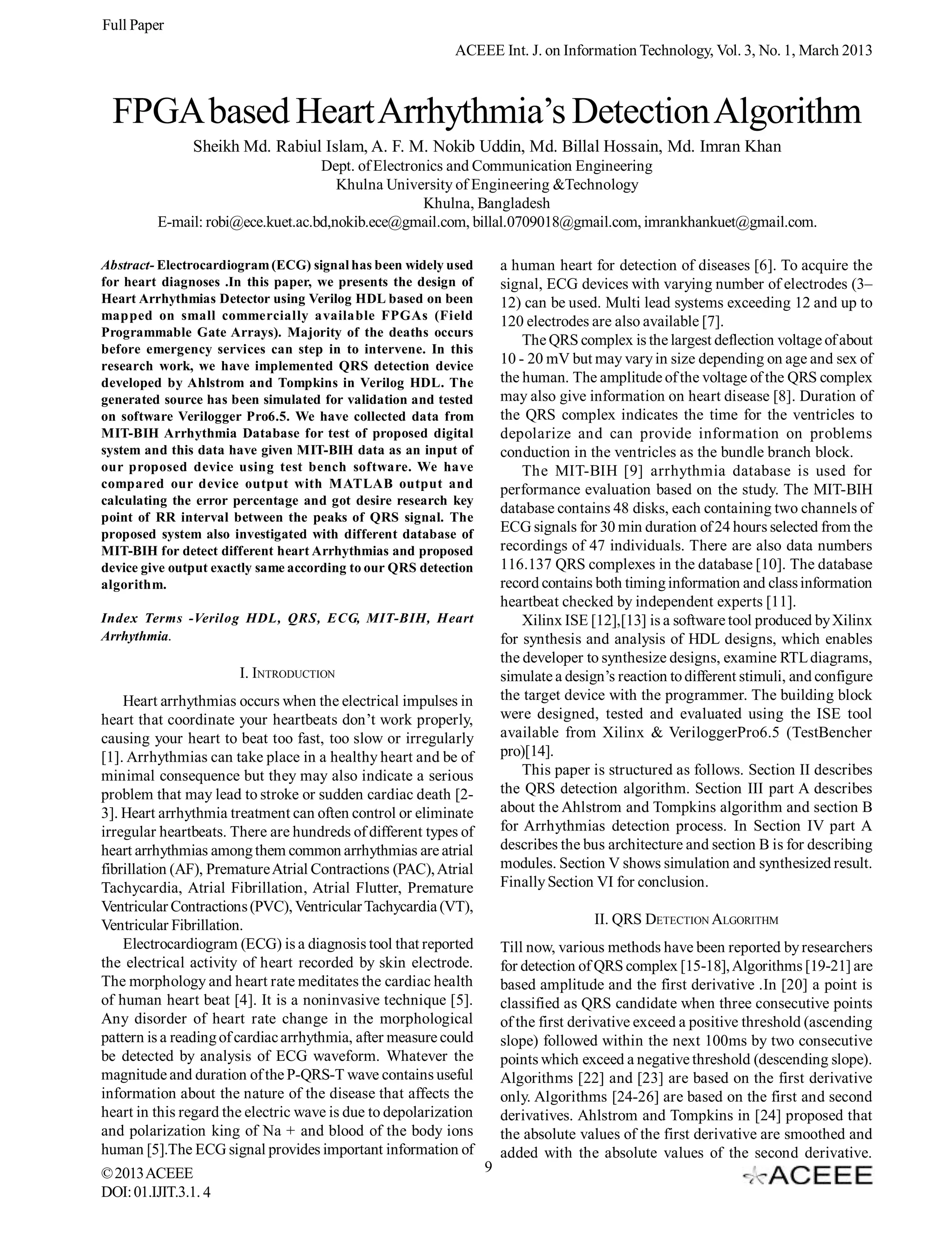 FPGA based Heart Arrhythmia’s Detection Algorithm | PDF | Heart and Cardiovascular Diseases ...