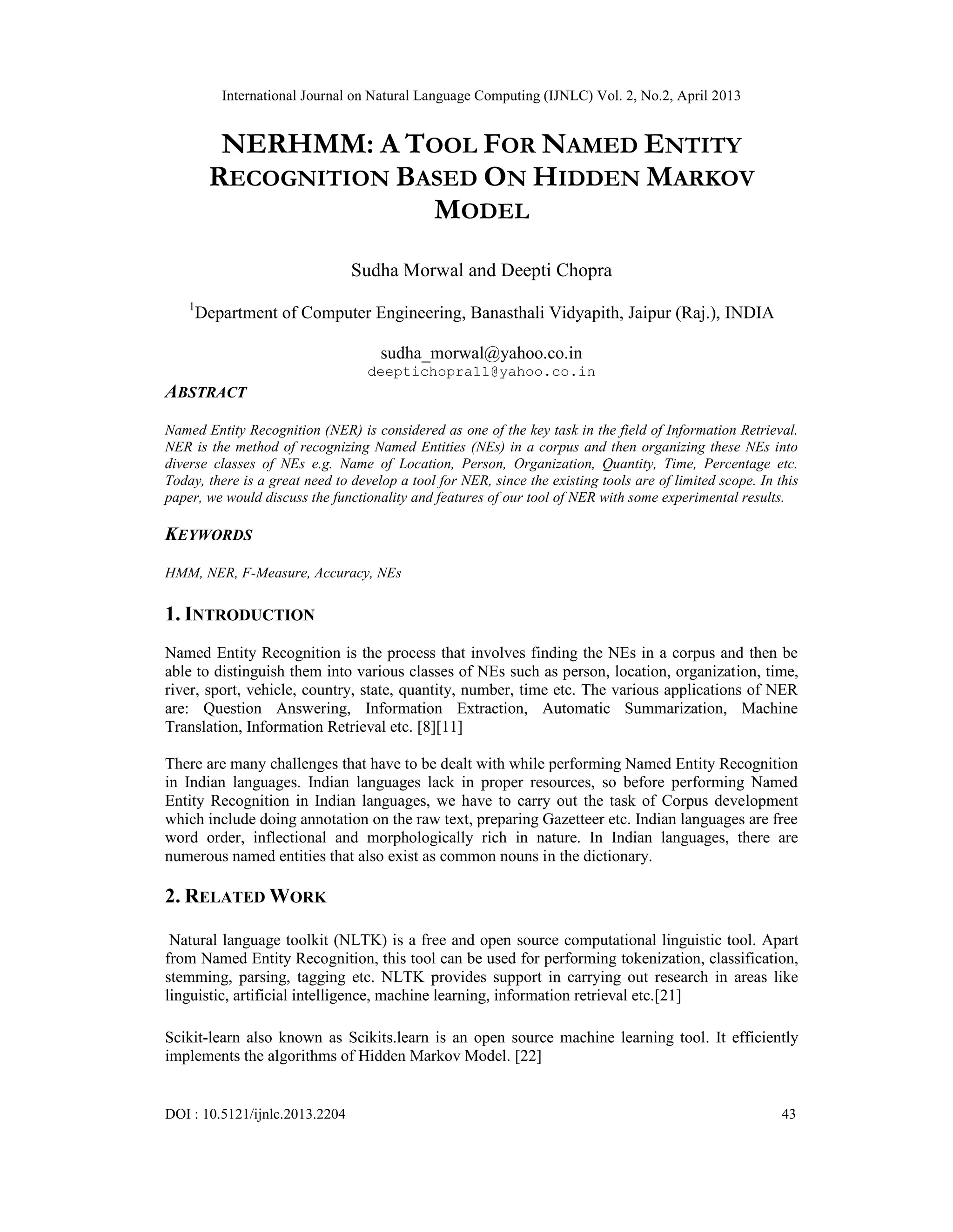 NERHMM: A TOOL FOR NAMED ENTITY RECOGNITION BASED ON HIDDEN MARKOV MODEL | PDF