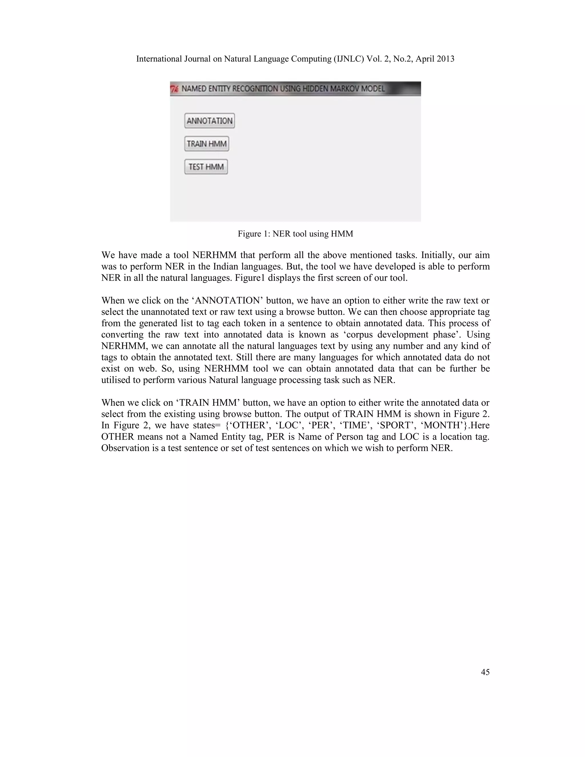 NERHMM: A TOOL FOR NAMED ENTITY RECOGNITION BASED ON HIDDEN MARKOV MODEL | PDF