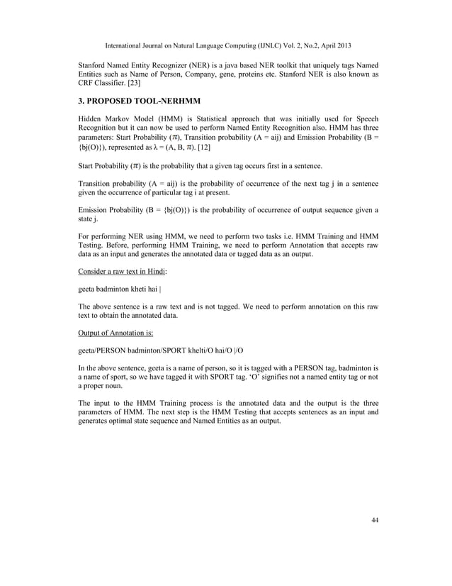 NERHMM: A TOOL FOR NAMED ENTITY RECOGNITION BASED ON HIDDEN MARKOV MODEL | PDF