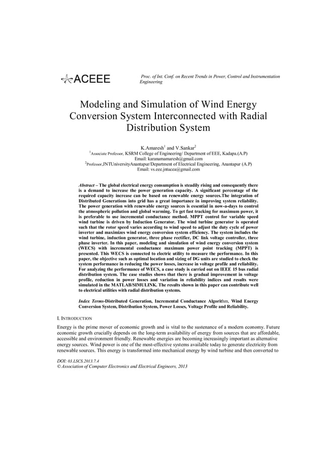 Modeling and Simulation of Wind Energy Conversion System Interconnected with Radial Distribution ...