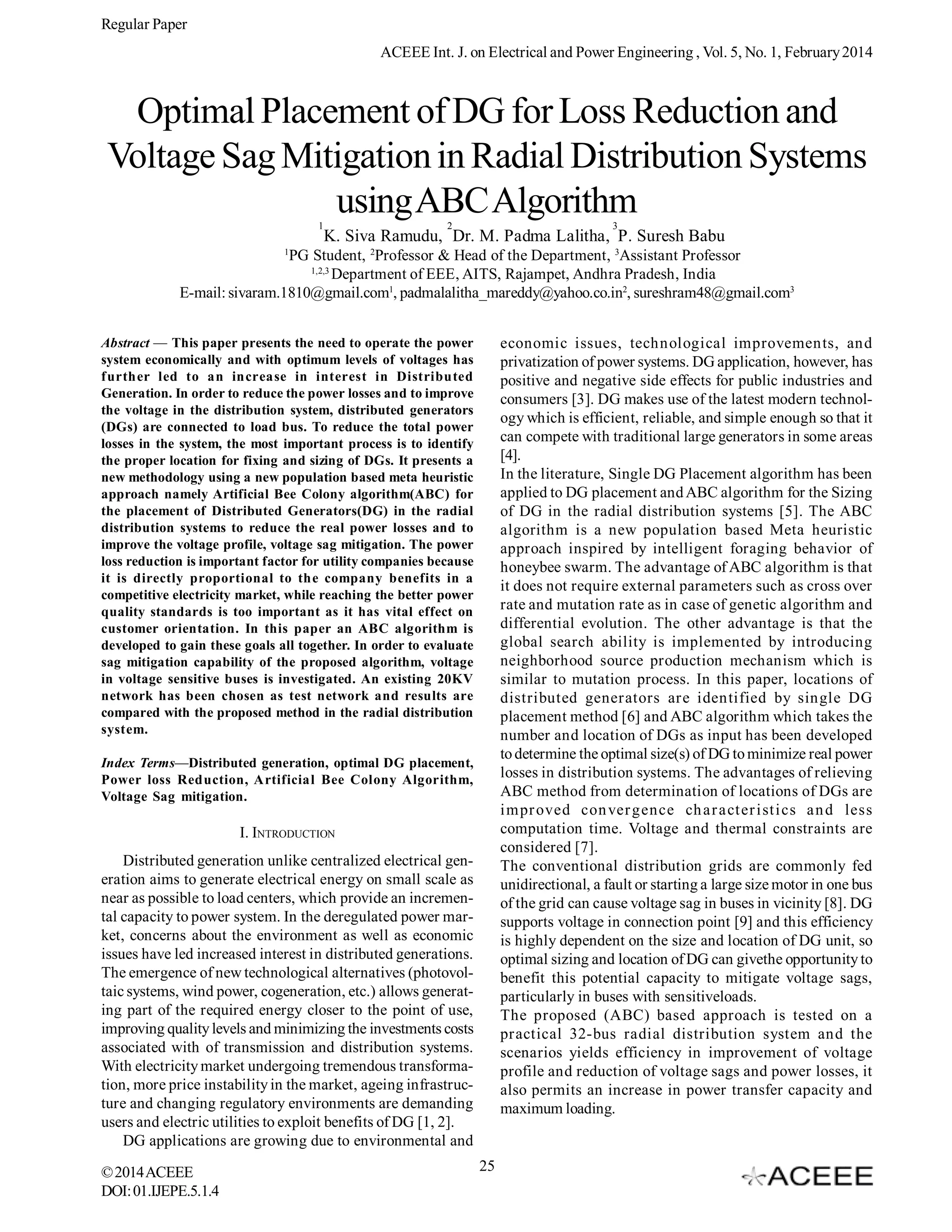 Optimal Placement of DG for Loss Reduction and Voltage Sag Mitigation in Radial Distribution ...