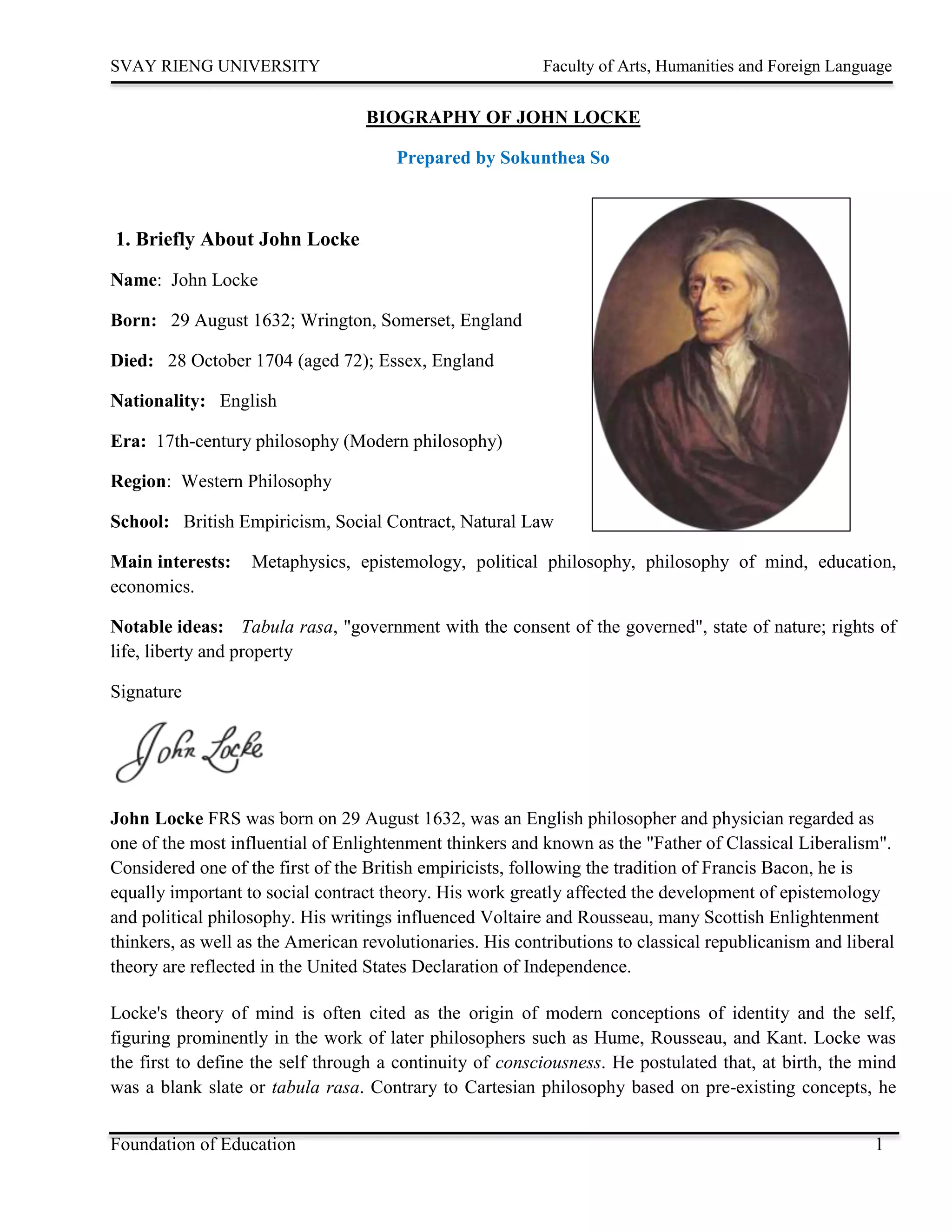 Biography of john locke | DOCX