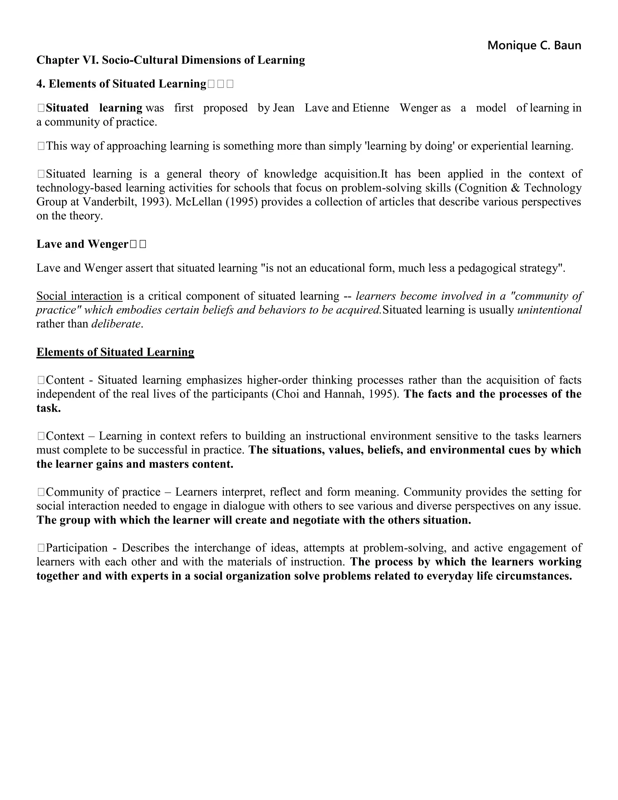 4. elements of situated learning monique baun | DOCX