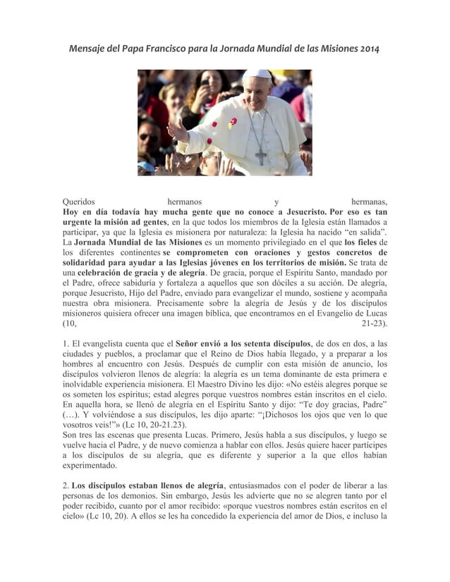 4 Mensaje Del Papa Francisco Para La Jornada Mundial De Las Misiones