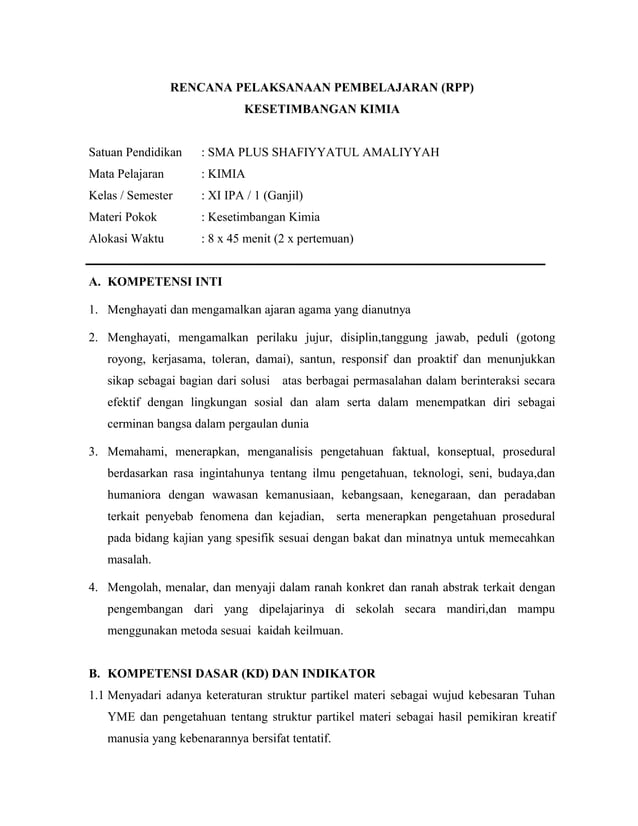 RPP Kurikulum 2013 Kimia kelas XI kesetimbangan kimia | DOC