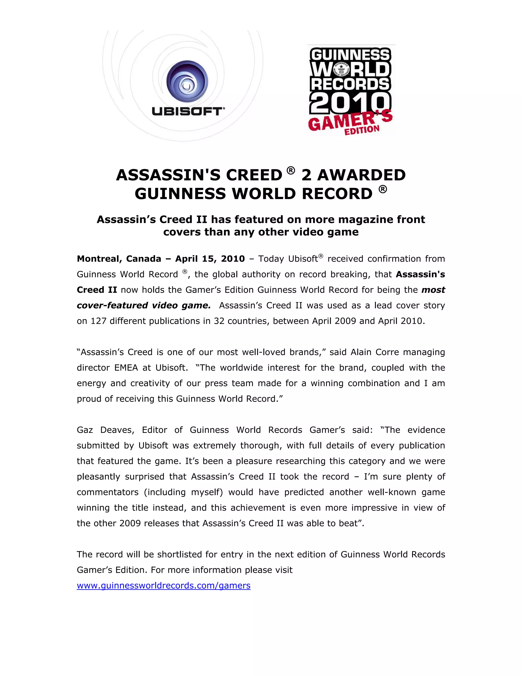 Assassin's Creed II Awarded Guinness World Record | PDF