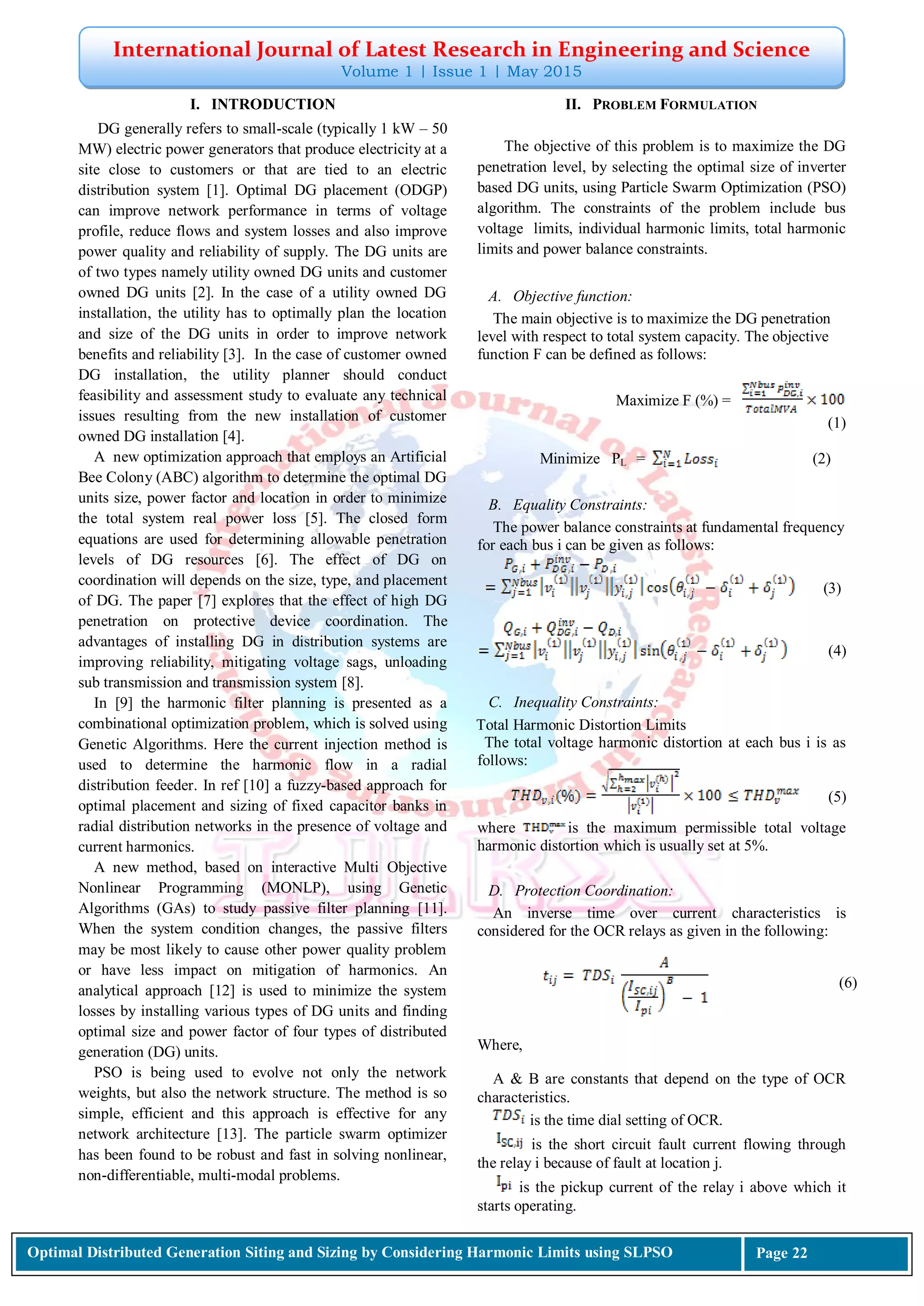 Optimal Distributed Generation Siting and Sizing by Considering Harmonic Limits using SLPSO | PDF