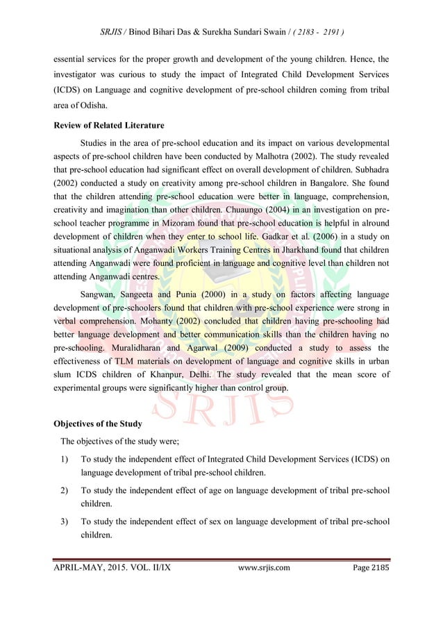 IMPACT OF INTEGRATED CHILD DEVELOPMENT SERVICES (ICDS) ON LANGUAGE AND ...